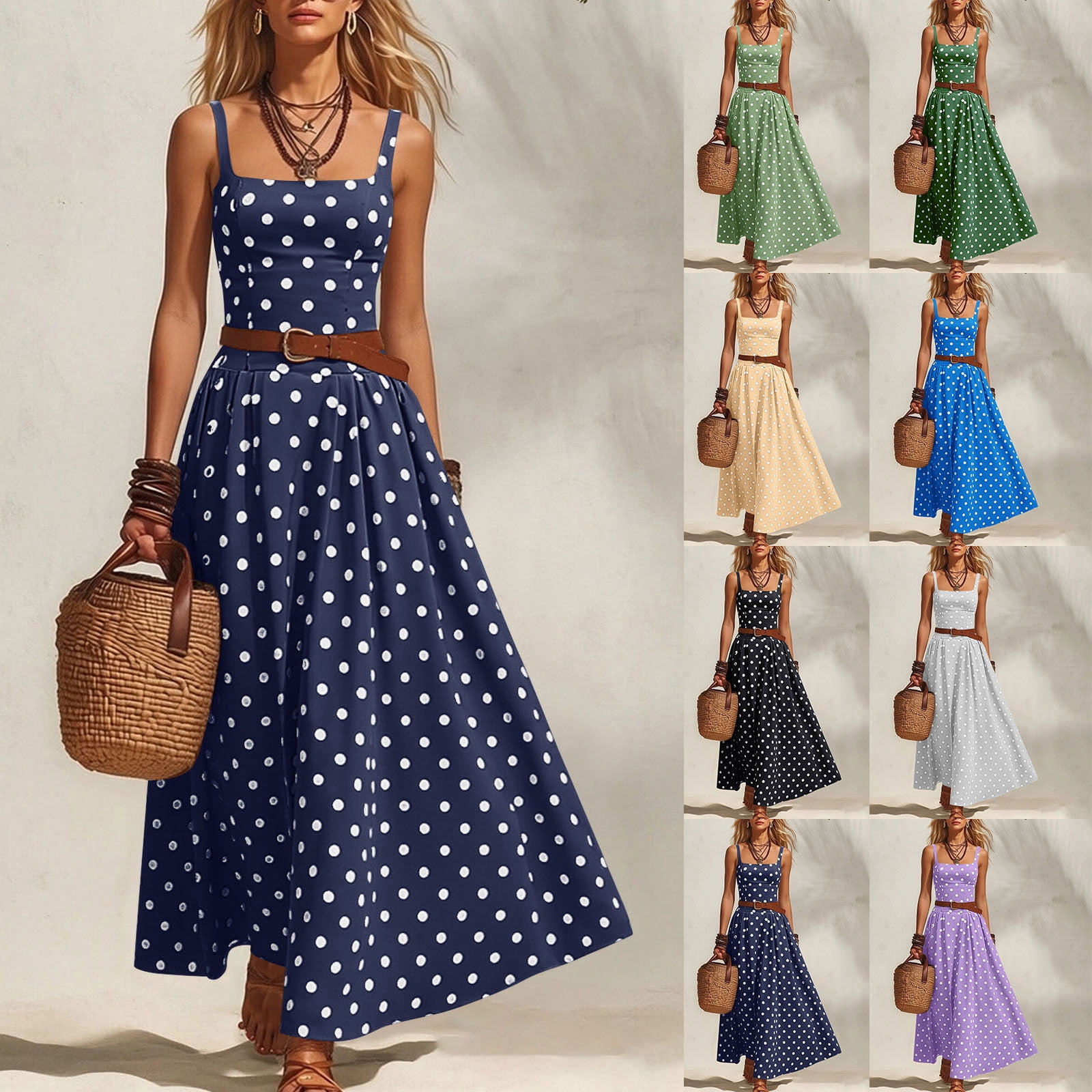 Lovzfmll Women's Relaxed Square Neck Sleeveless Polka Dot A Line Maxi ...