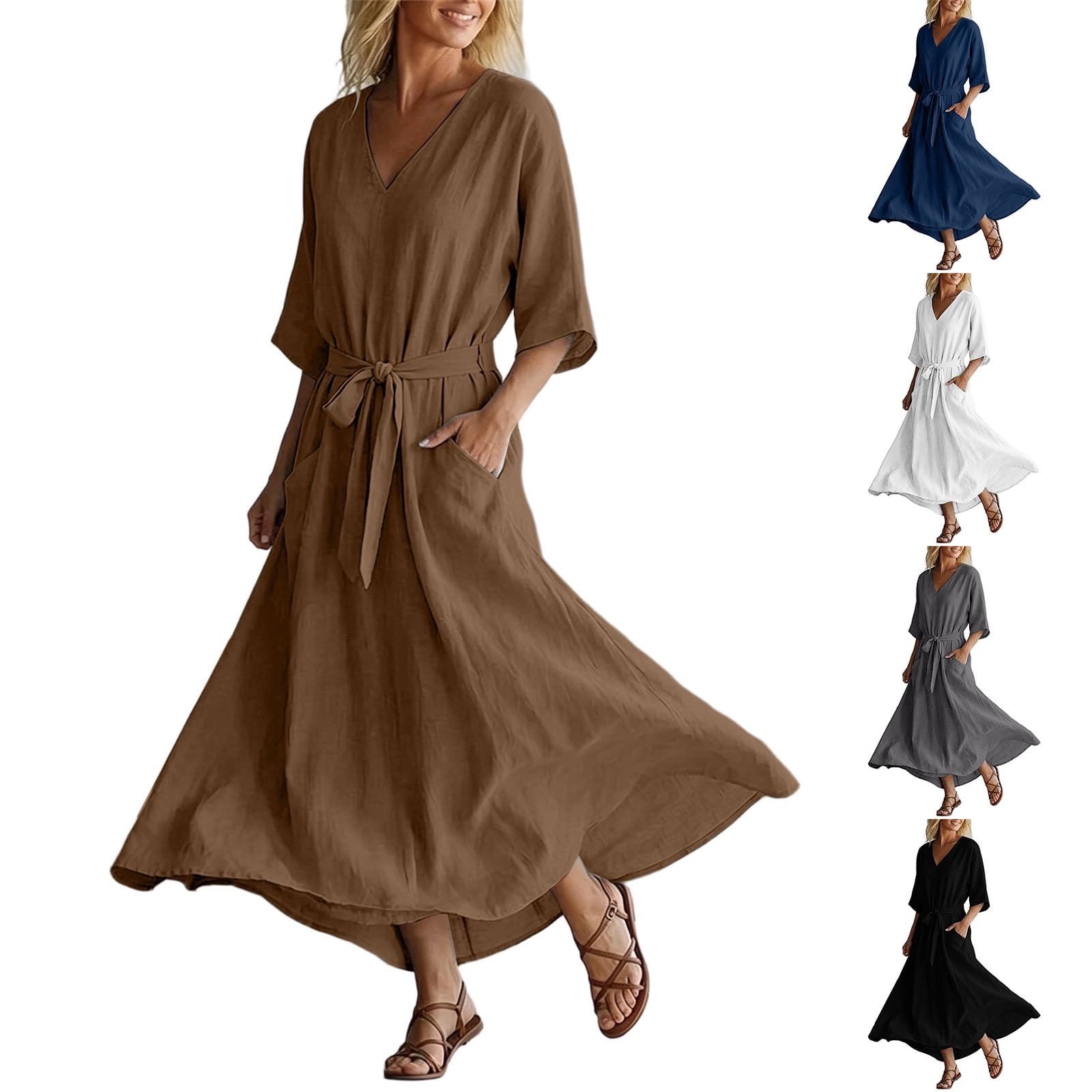 Lovzfmll Women's V Neck Short Sleeve Linen Blend Pocket Maxi Sundress ...