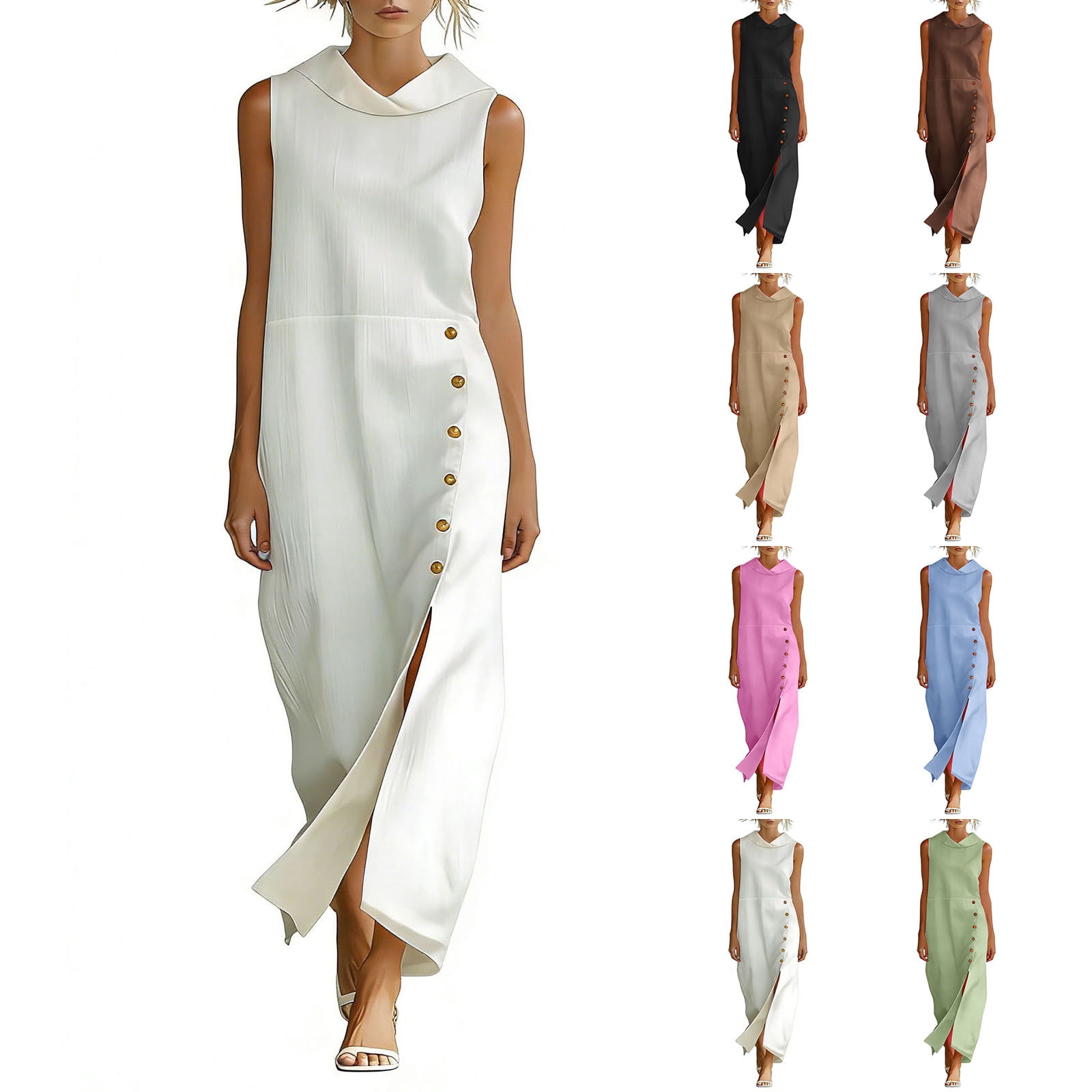 Lovzfmll Women's V Neck Sleeveless Side Split Solid Linen Blend Maxi ...