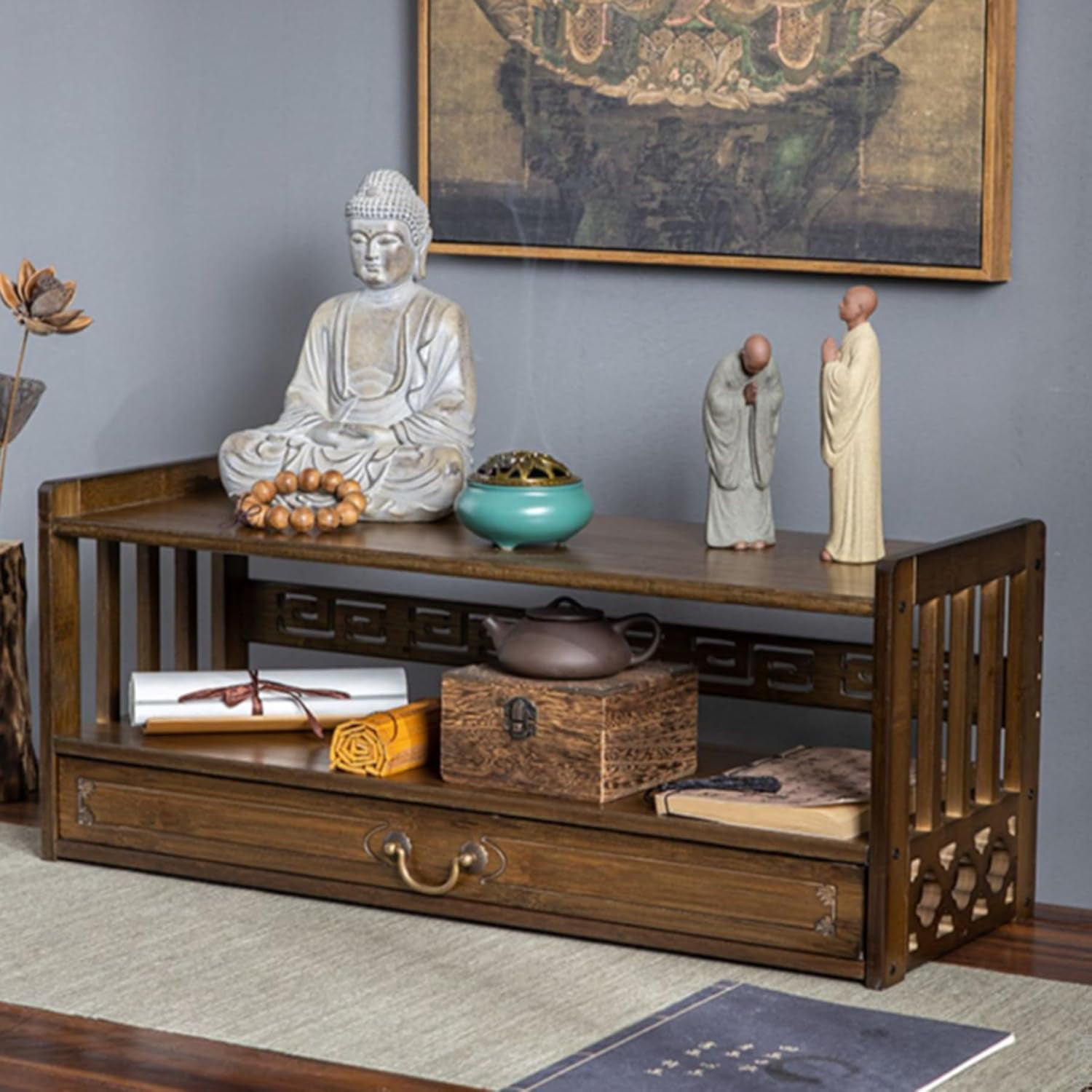 Low 3-Tier Meditation Table with Drawer,Bamboo Altar Tables,Puja Desks ...