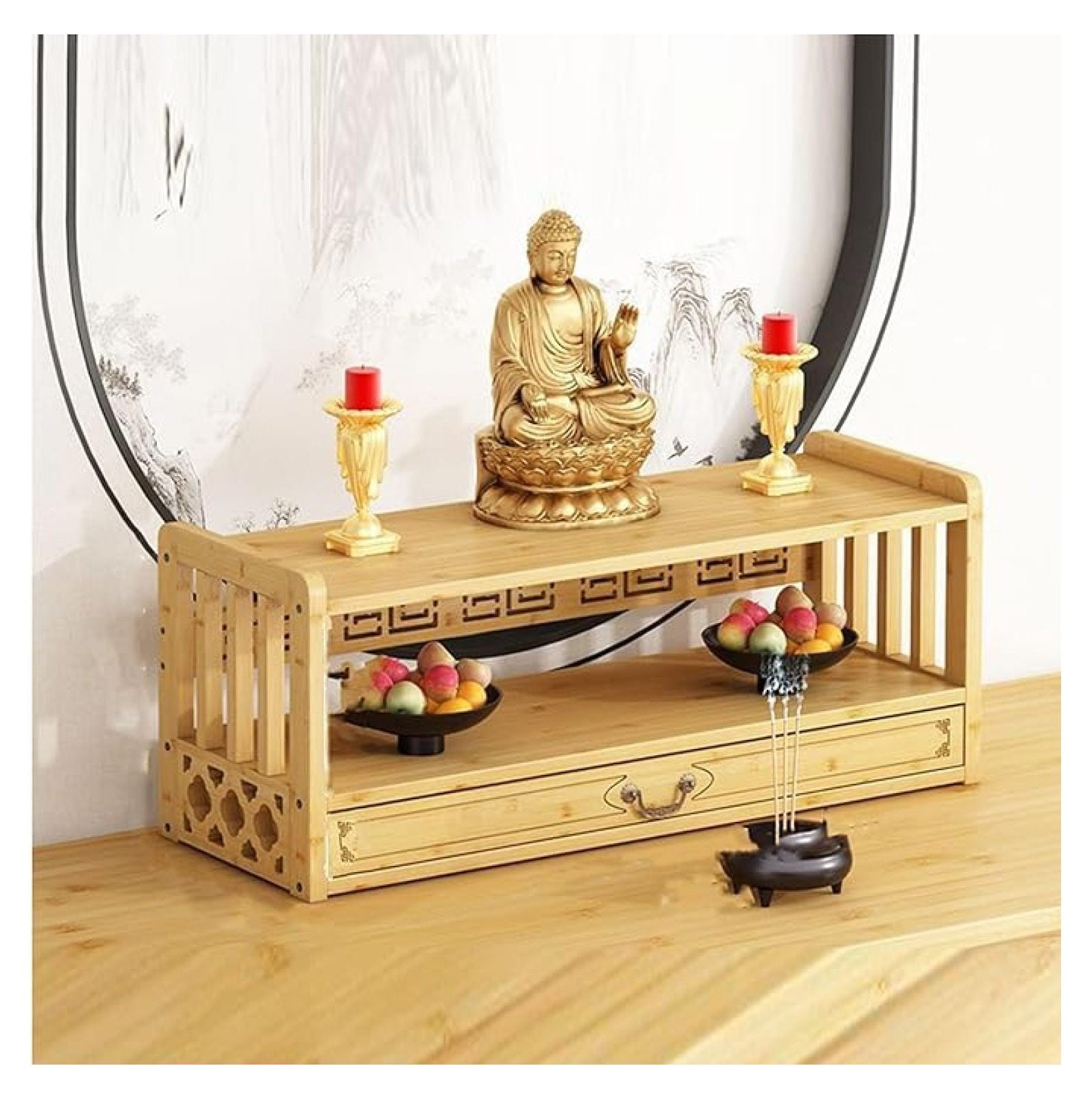 Low 3-Tier Meditation Table with Drawer,Bamboo Altar Tables,Puja Desks ...