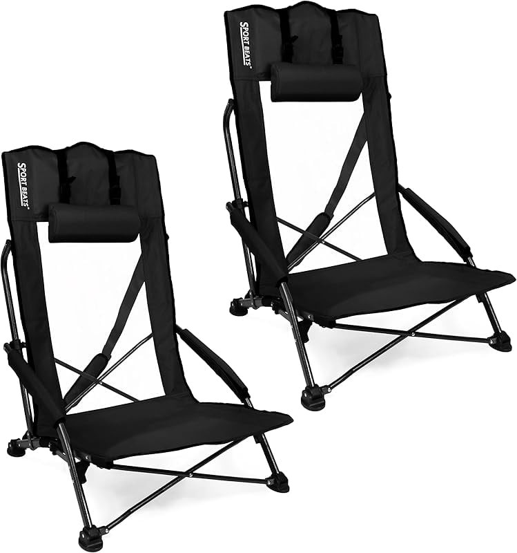 Low Beach Chairs Set of 2 Folding Beach Chairs High Back Support with ...