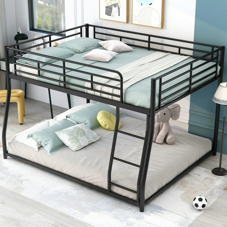 Low Bunk Bed with Sloping Stairs Full Xl Over Queen Bunk Bed Stylish Floor Bed Metal Bed Frame with Railings for Living Room Bed Room Apartment Black Walmart