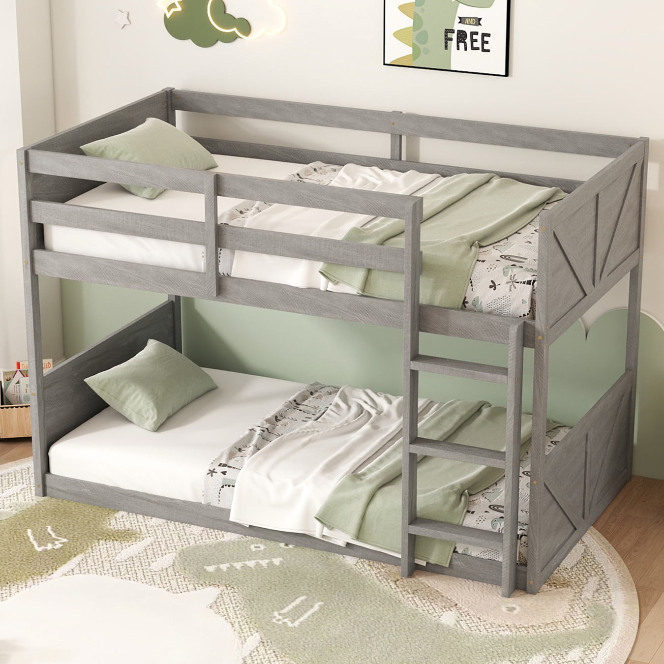 Low Bunk Bed Twin Over Twin, Solid Rubber Wood Floor Bunk Bed with Full ...