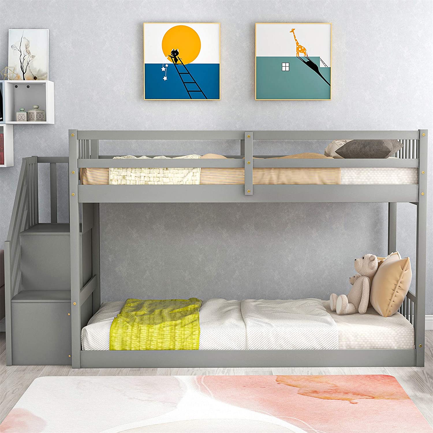 Low Bunk Bed with Stairs,Twin Over Twin Floor Bunk Bed with Storage ...
