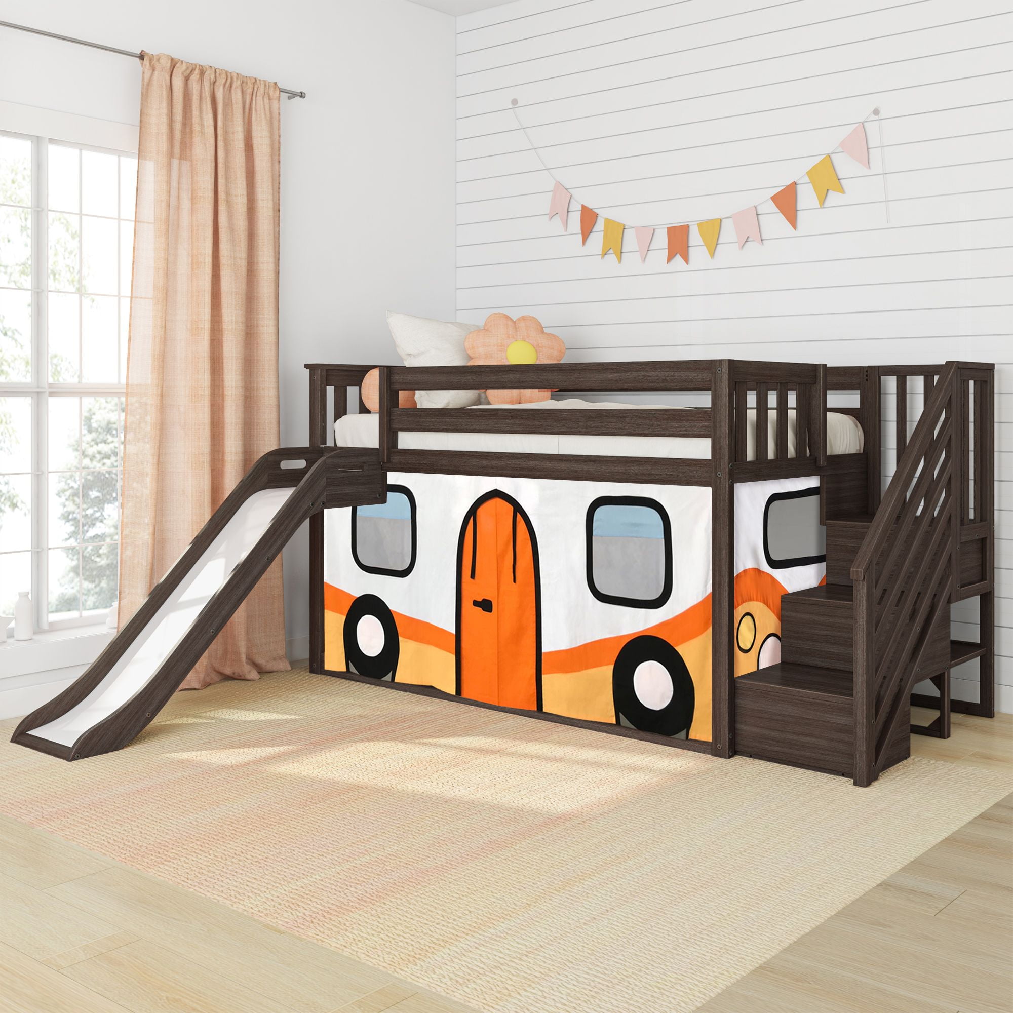 Low Bunk With Stairs, Easy Slide & Orange Camper Van Curtain, Clay ...