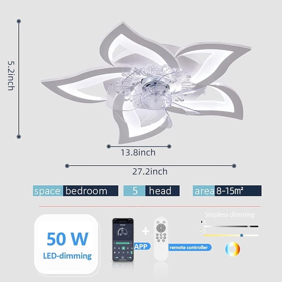 Low Ceiling Fan with Light, 110V Modern Dimmable Flower Shape Remote ...