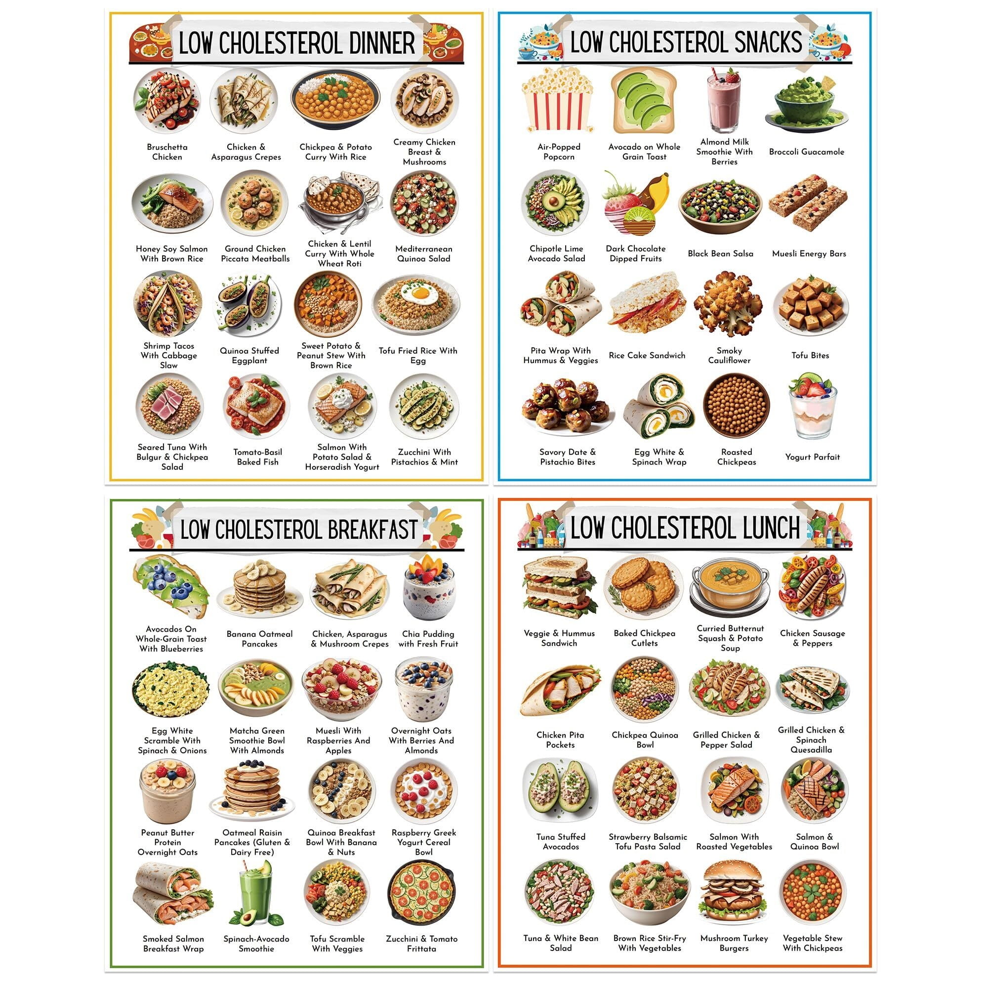 Low Cholesterol Food List Charts, 4 Pcs Laminated Nutrition Posters For ...