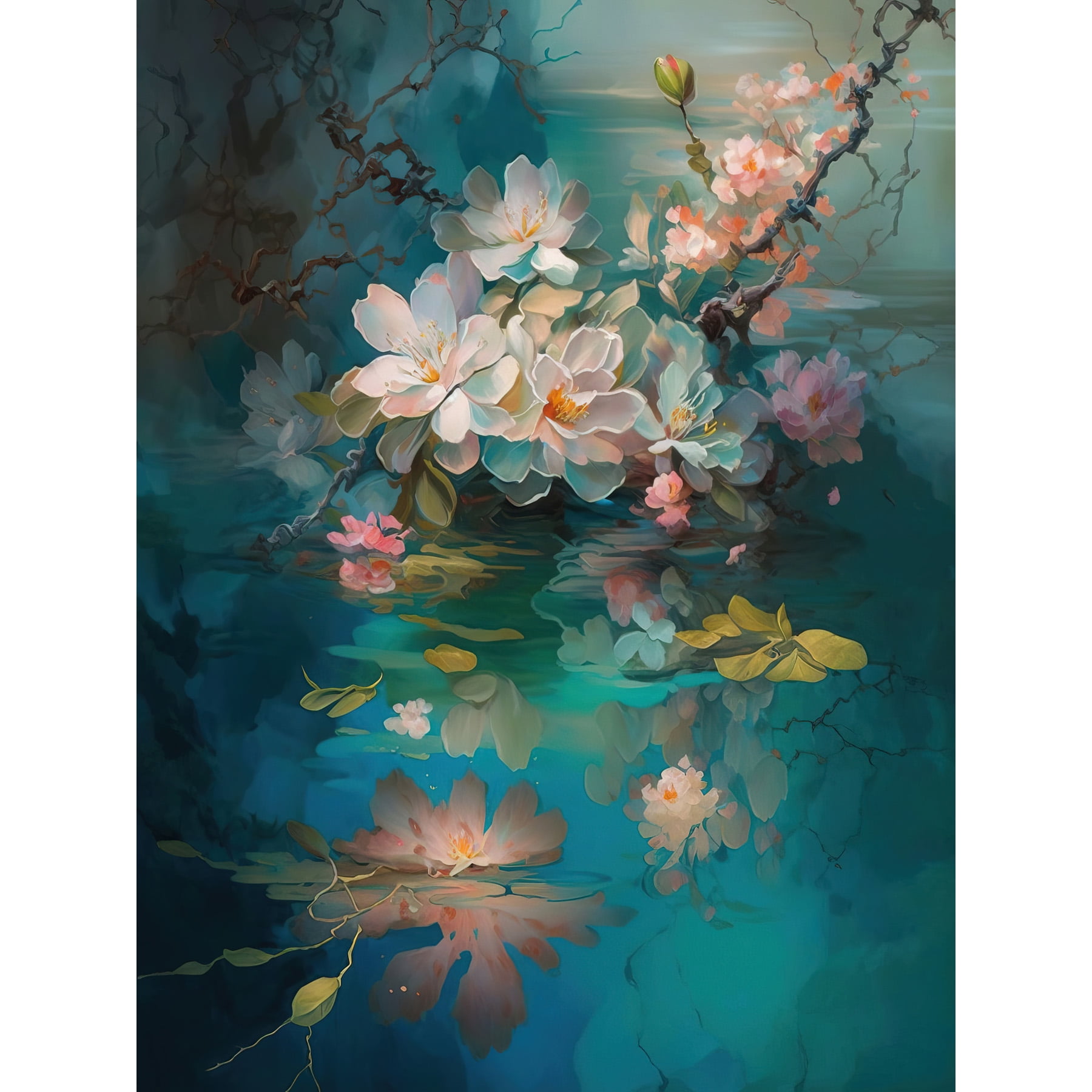 Low Hanging Cherry Blossom Branch in River Stream Modern Watercolour ...