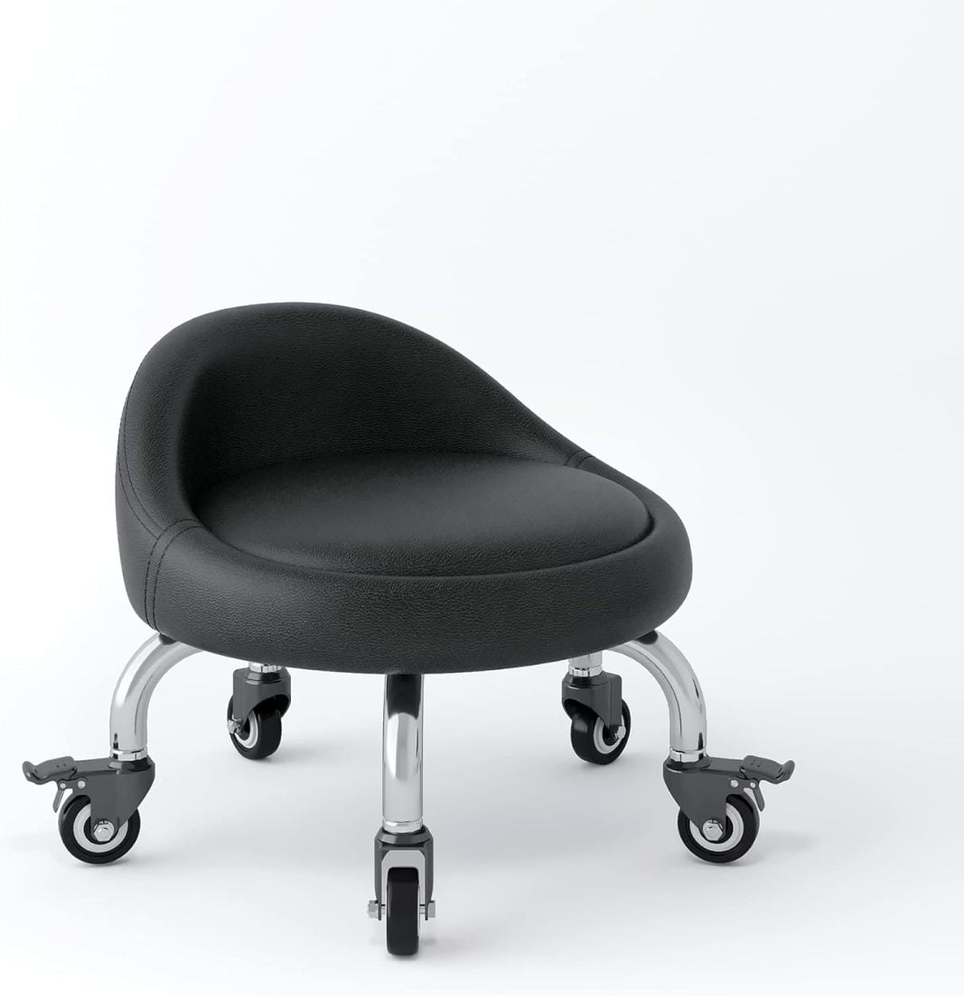 Low Height Rolling Stool with Back, PU Leather Roller Seat and ...