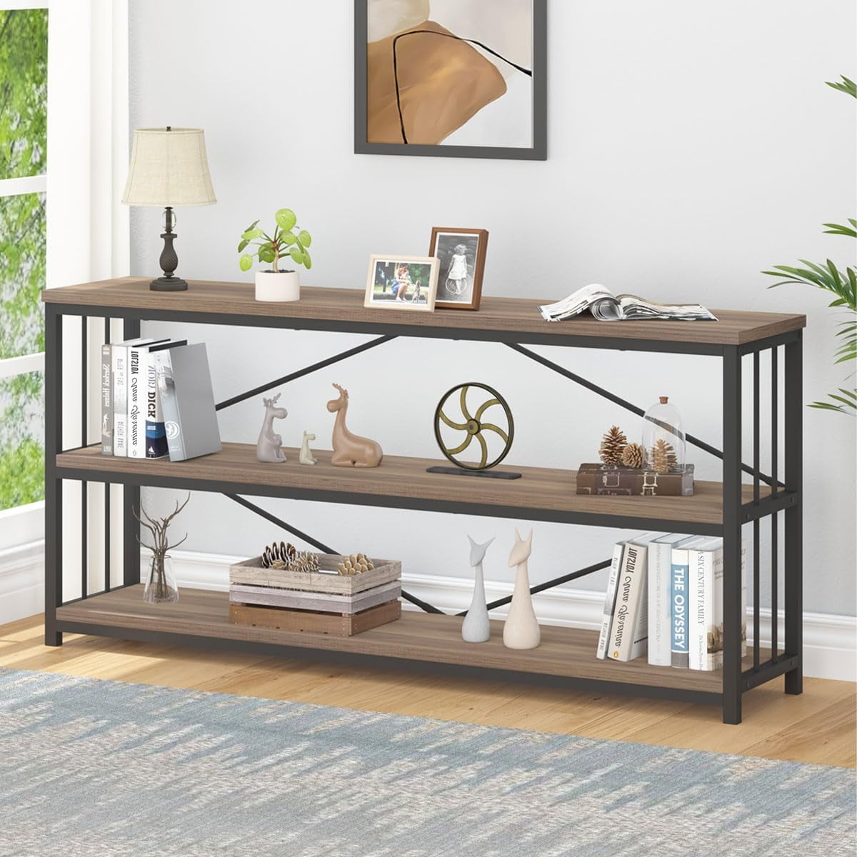 Low Horizontal Book Shelf Industrial Modern 3 Tier Bookshelf Farmhouse ...
