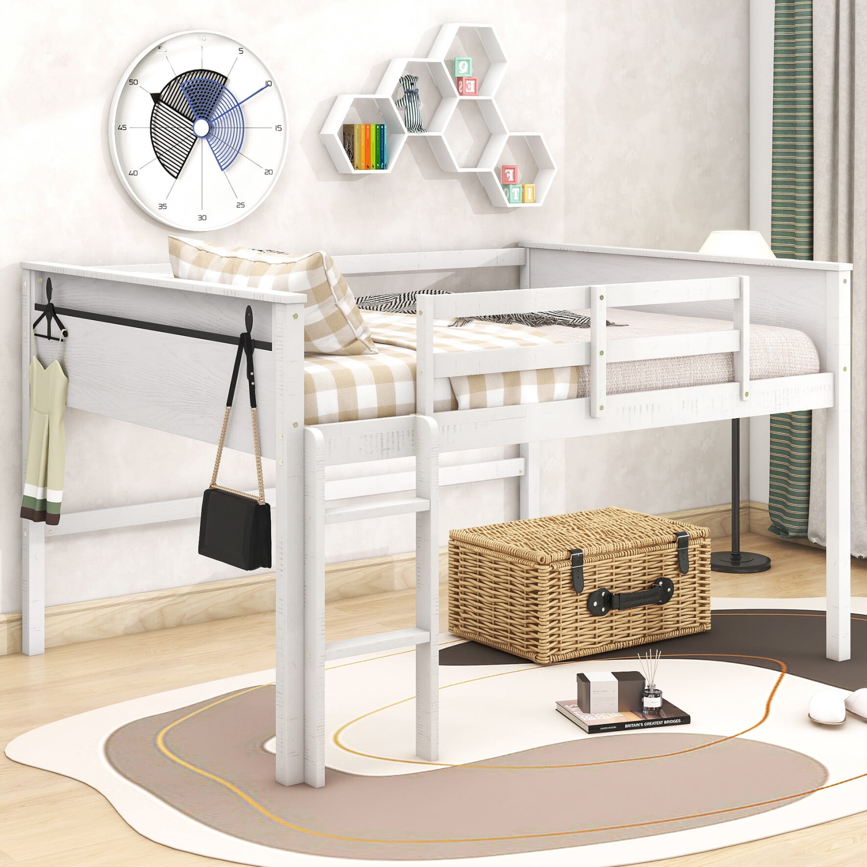 Low Loft Bed Full Size with Hanging Clothes Rack, Wood Full Size Loft ...