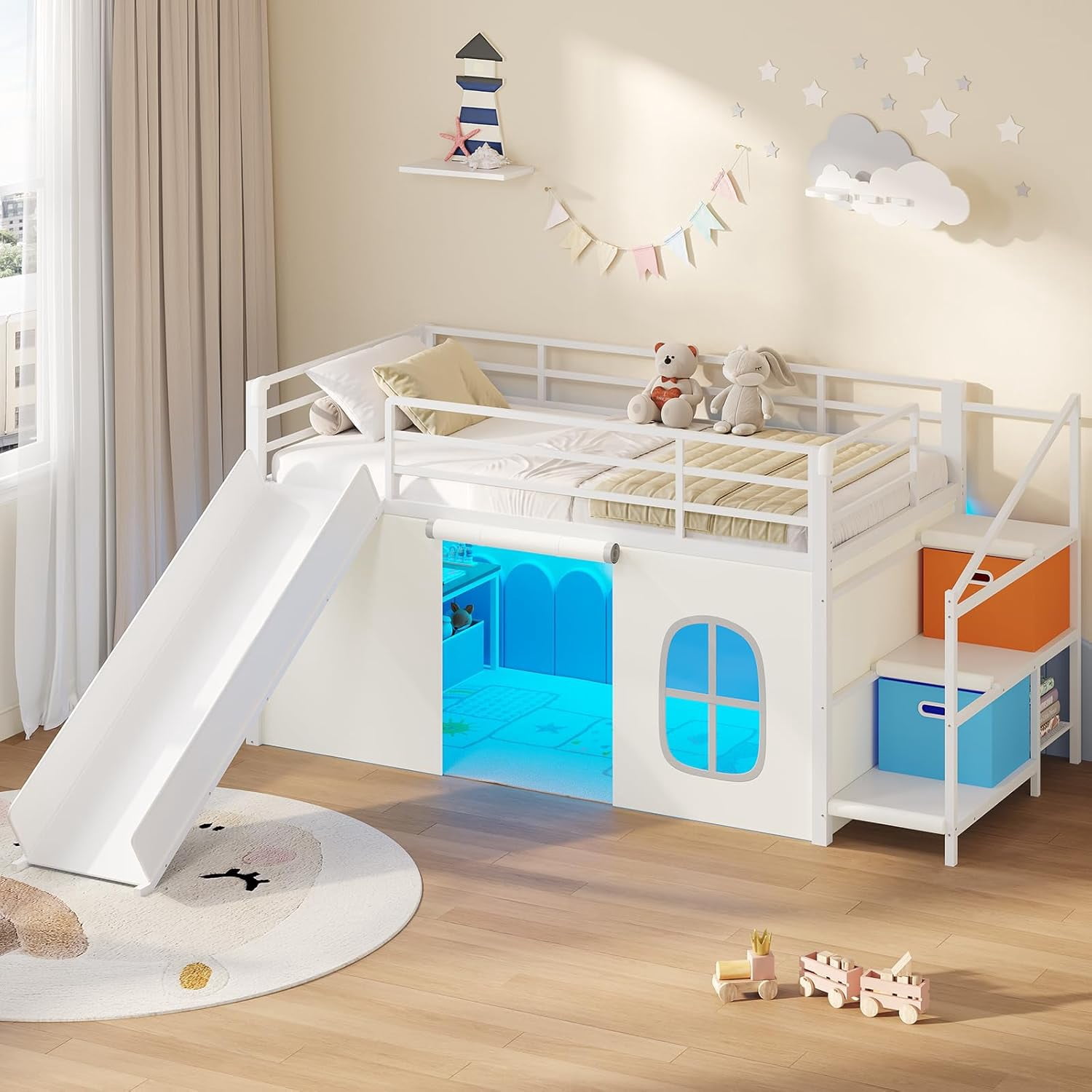 Mabor, Low Loft Twin Bed with Slide, LED Lights, Storage Drawers, Art ...