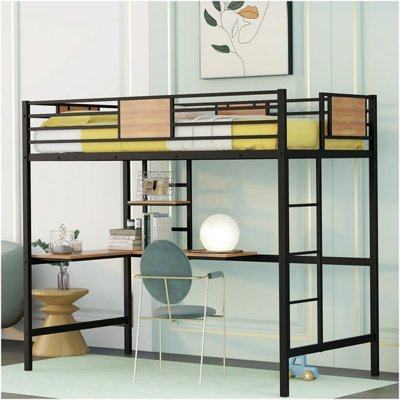 Low Loft Bed with LED Lights and Storage Shelves, Twin Size Space Saver ...