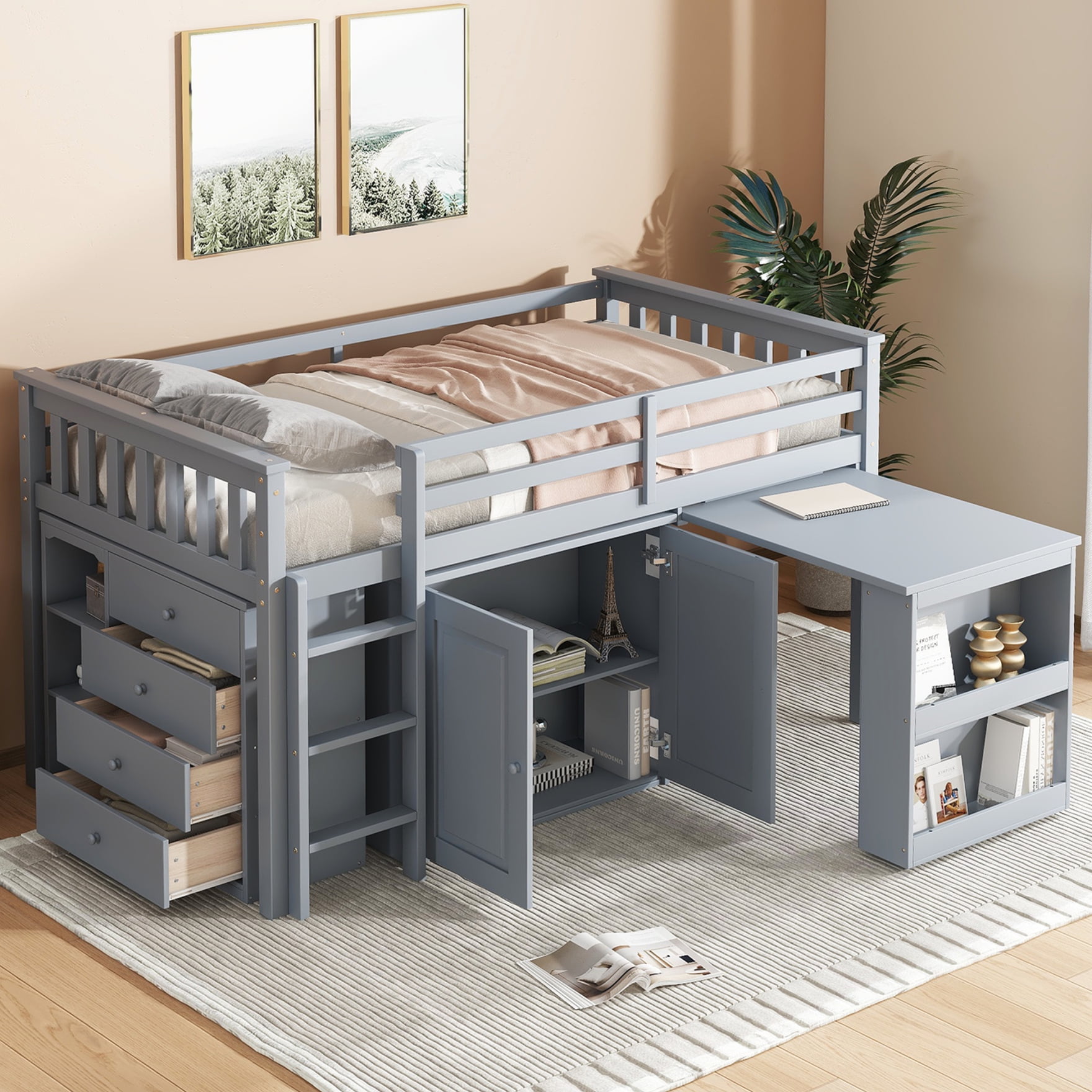 Low Loft Bed with Pullable Desk, Twin Loft Bed with Storage Cabinet and ...