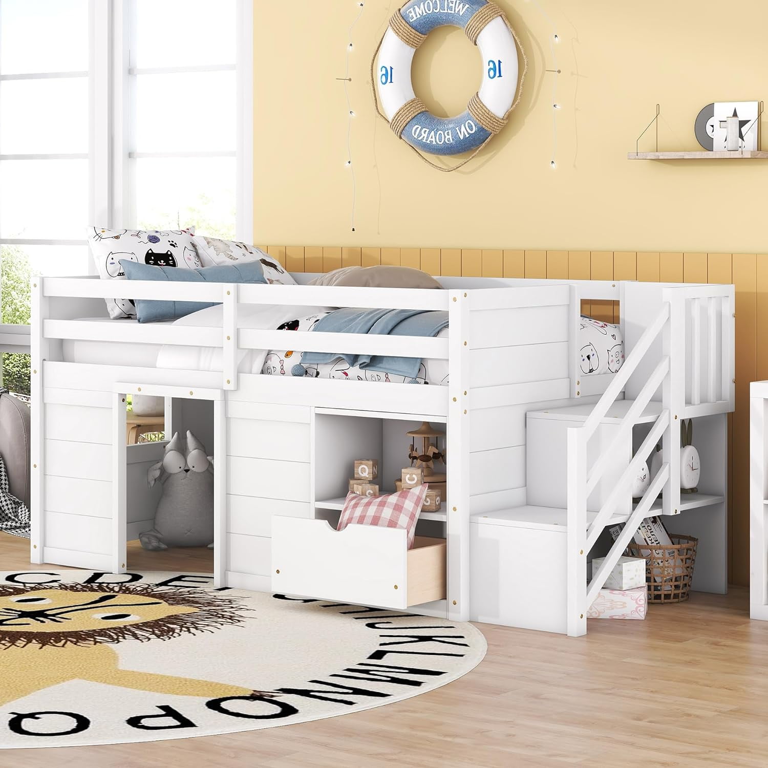 Low Loft Bed with Stairs, Twin Size Storage Loft Bed Frame with Drawers ...