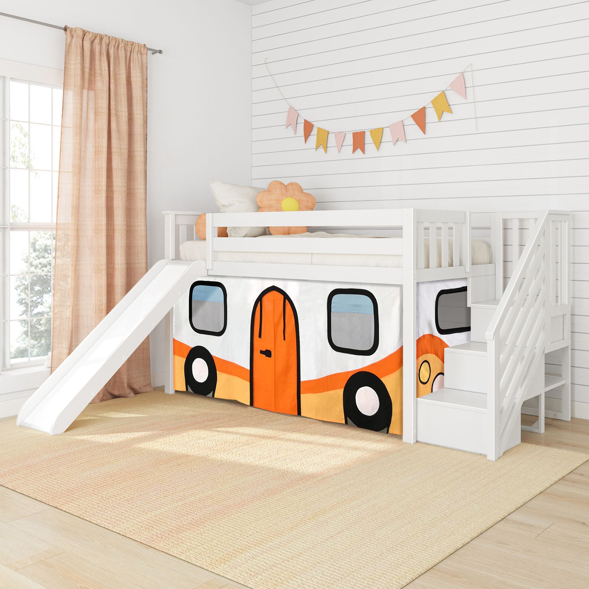 Low Loft With Stairs, Easy Slide & Orange Camper Van Curtain, White ...