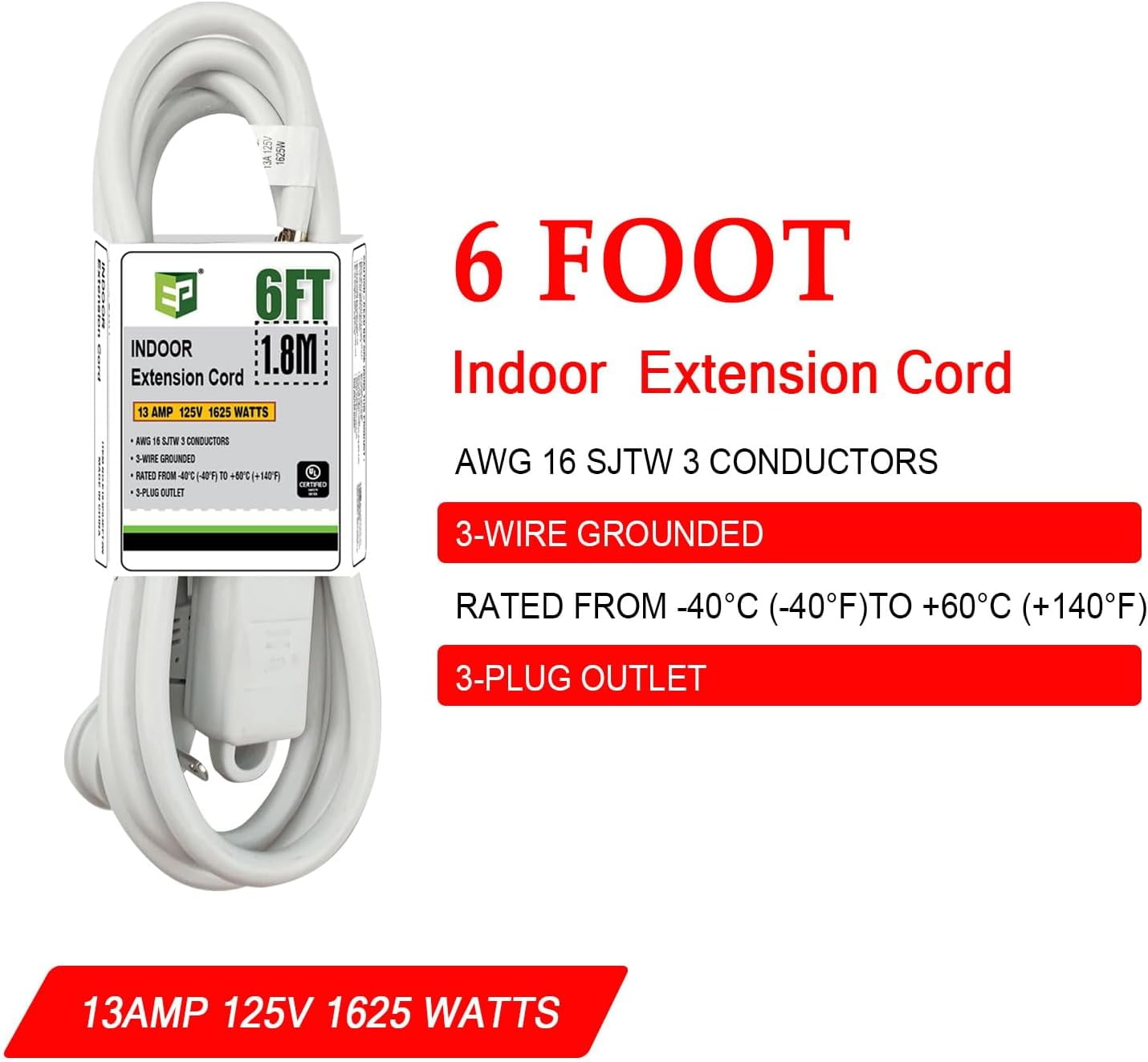 Low Profile 6 Ft Flat Plug Extension Cord - 16 Awg 3 Prong Grounded ...
