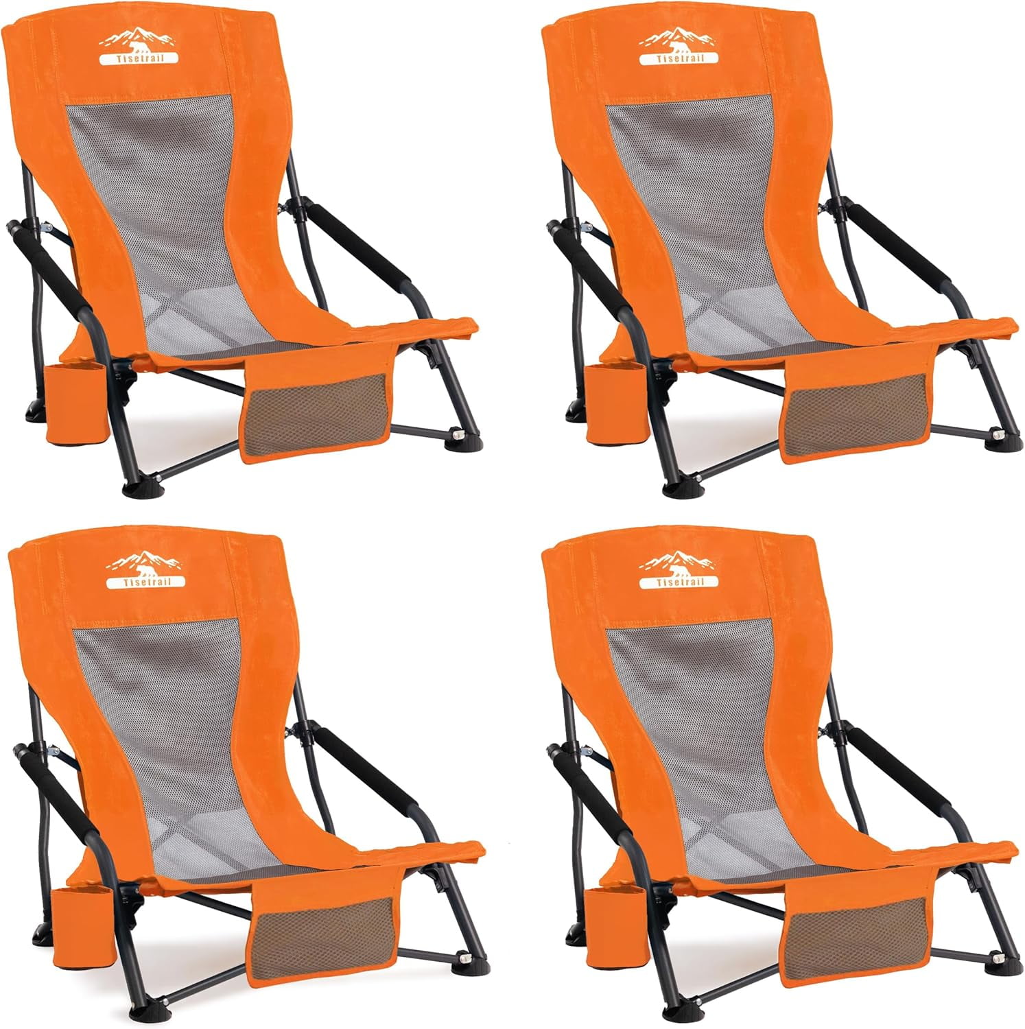 Low Profile Beach Chairs Set of 4 with Cup Holder Folding Mesh Sand ...