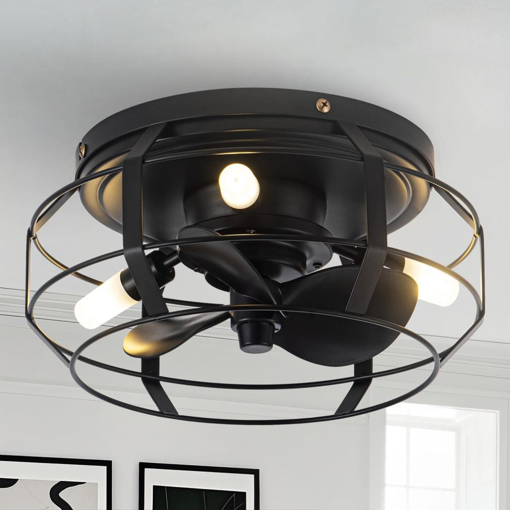 Low Profile Caged Ceiling Fan with Light and Remote - 12.2" Black Flush ...