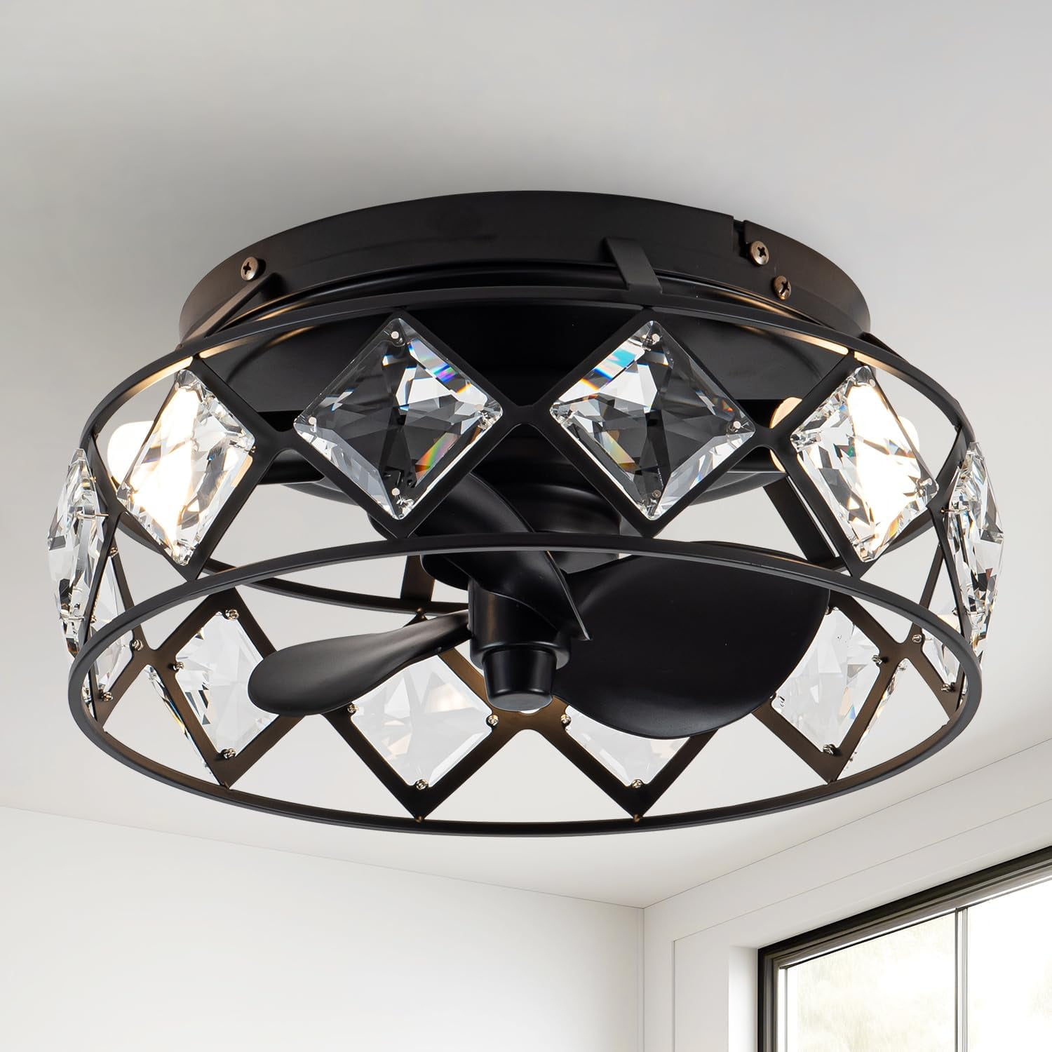 Low Profile Caged Ceiling Fan with Light and Remote,13" Crystal Flush Mount Ceiling Fan with ...