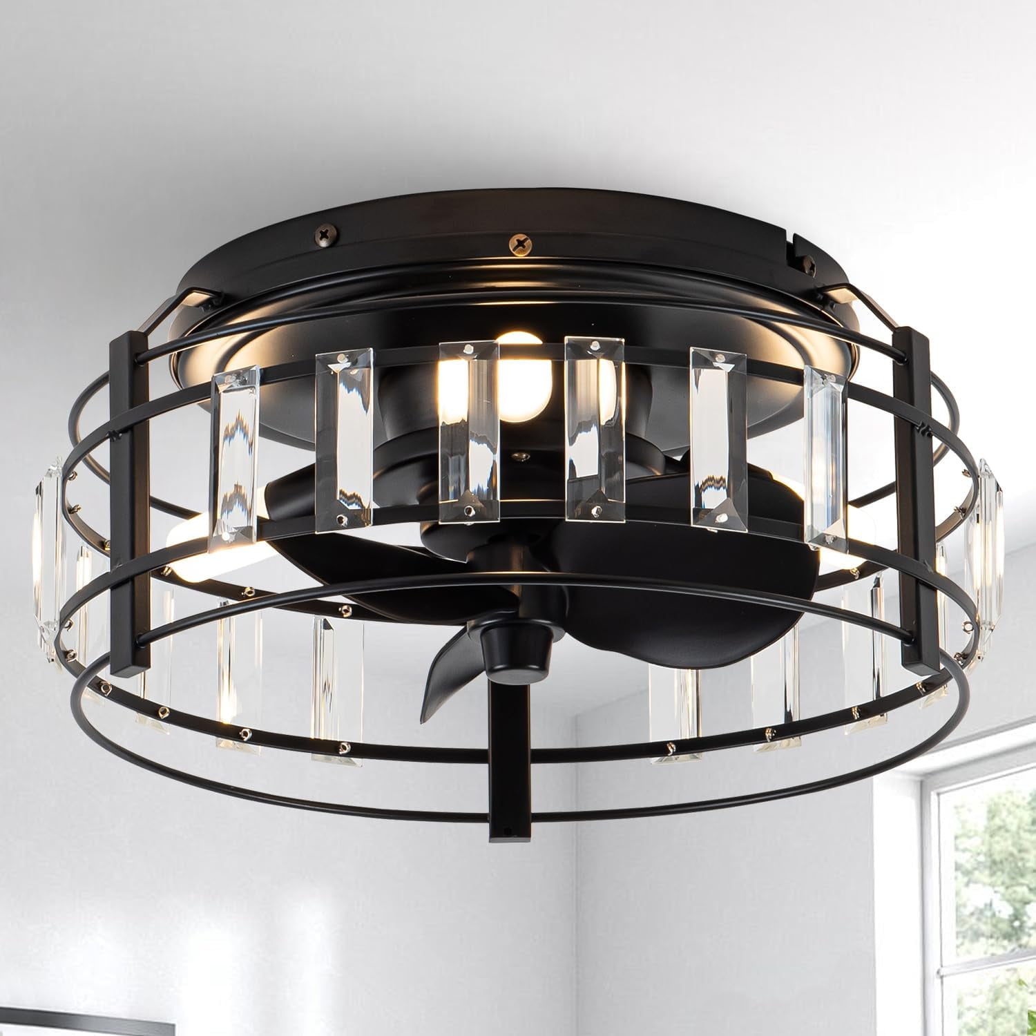 Low Profile Caged Ceiling Fan with Light and Remote - Crystal Flush ...