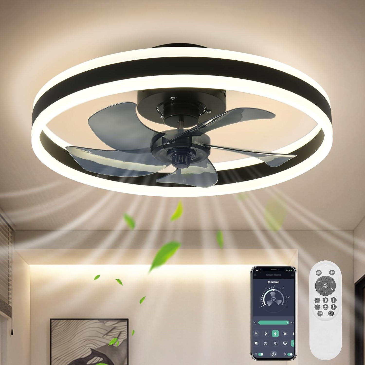 Low Profile Ceiling Fan with Light,6 Speeds and Dimmable,Flush Mount ...