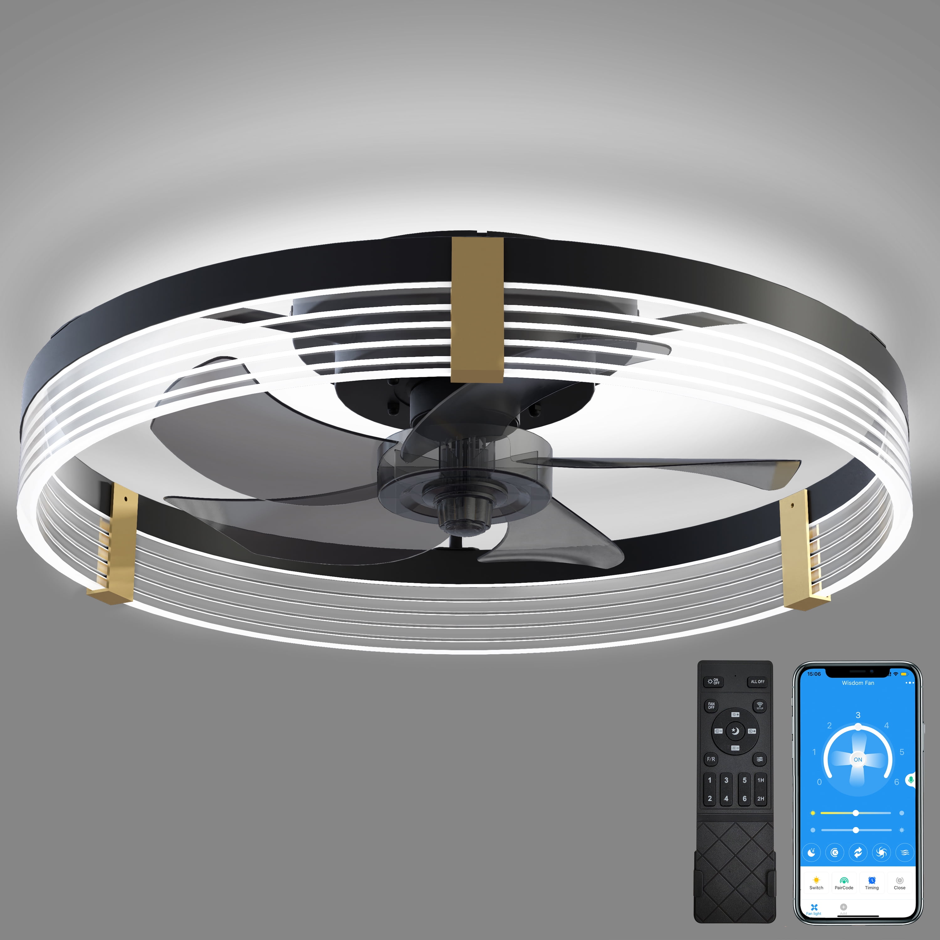 Black Low Profile Fan with Dimmable LED, Remote, 3 Color 6 Speeds ...