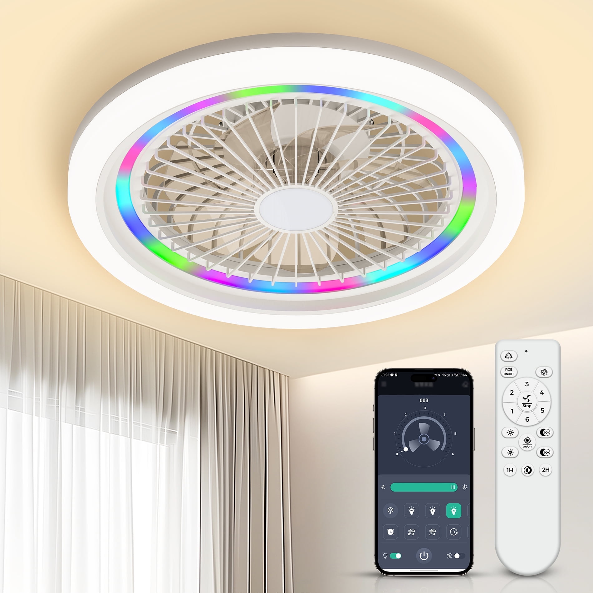 Low Profile Ceiling Fan with Light, 19" RGB Dimmable LED Ceiling Fans ...