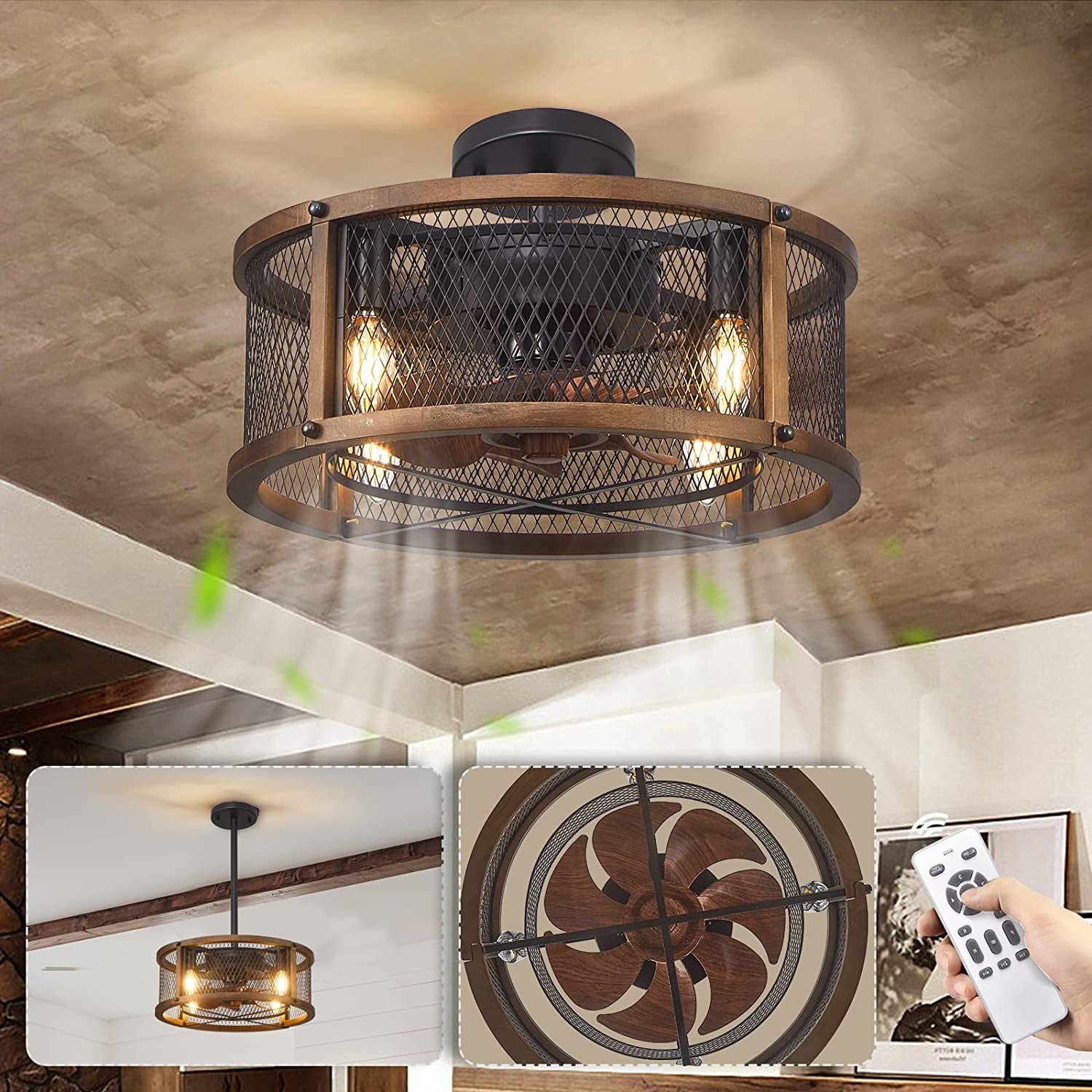 YC°, Low Profile 17 Inch Farmhouse Caged Ceiling Fan with Lights ...