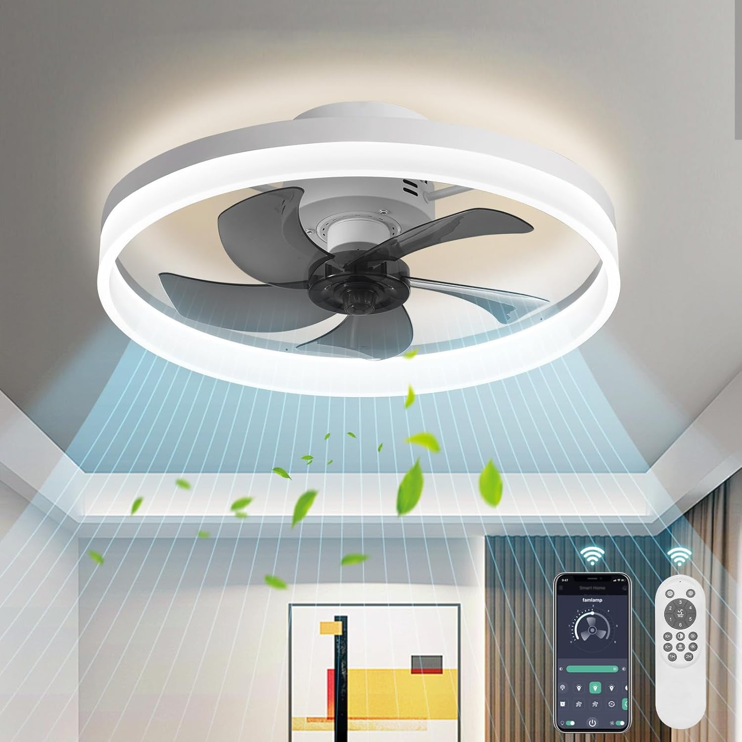 Low Profile Ceiling Fans with Lights,19.7" Flush Mount Ceiling Fan with ...