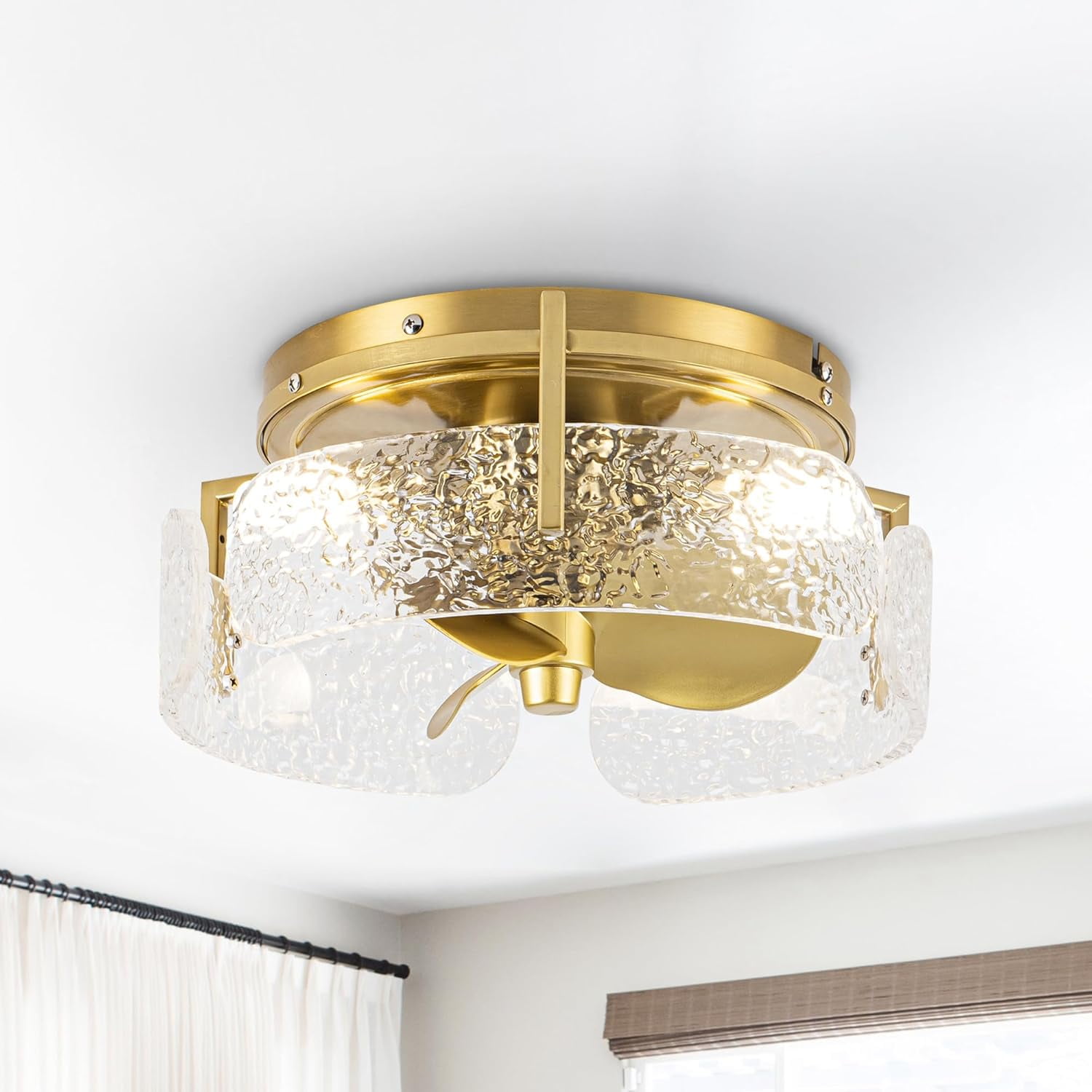 Low Profile Gold Caged Ceiling Fan with Light and Remote, 12.7" Flush Mount Mid Century Modern ...