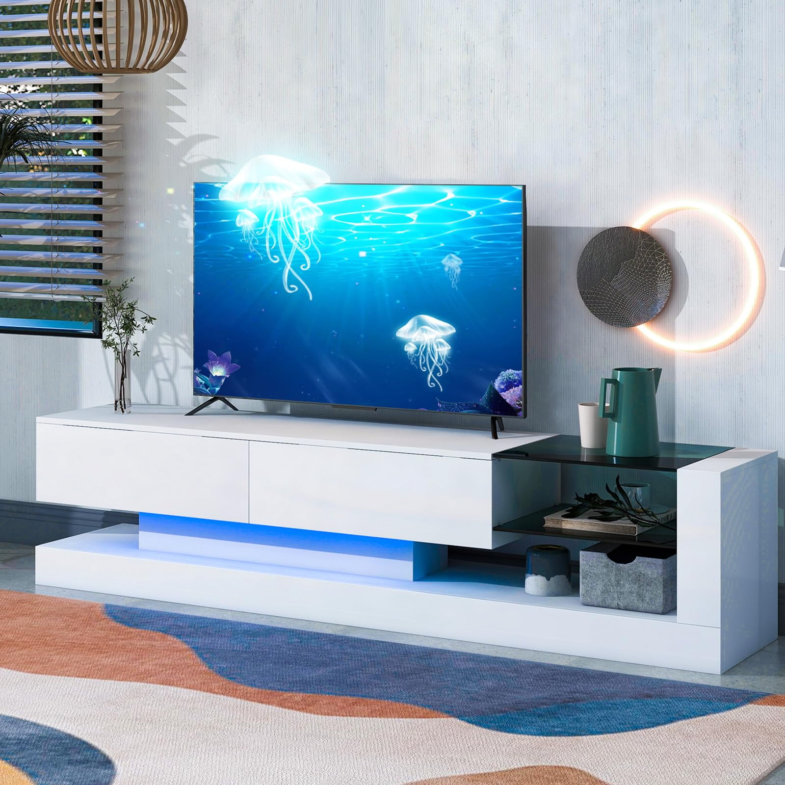 Low Profile LED TV Stand for 75 inch TV, White Modern Entertainment ...