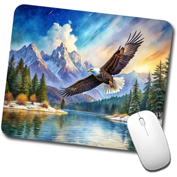 Low Profile Mouse Pad with Bald Eagle Flying Watercolor Mountains and ...