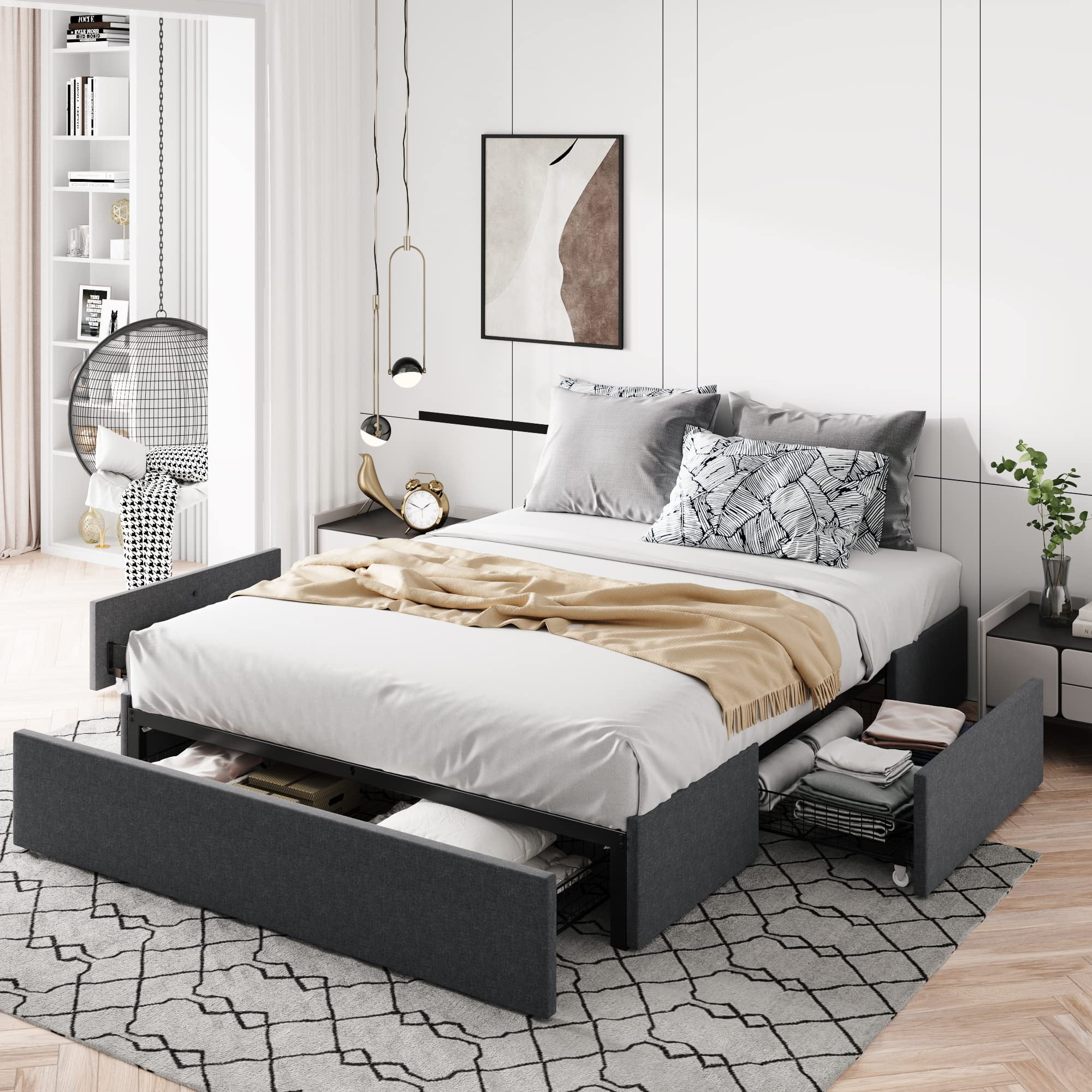 Low Profile Queen Bed Frame with Drawers, 3 Storage Compartments Fabric ...