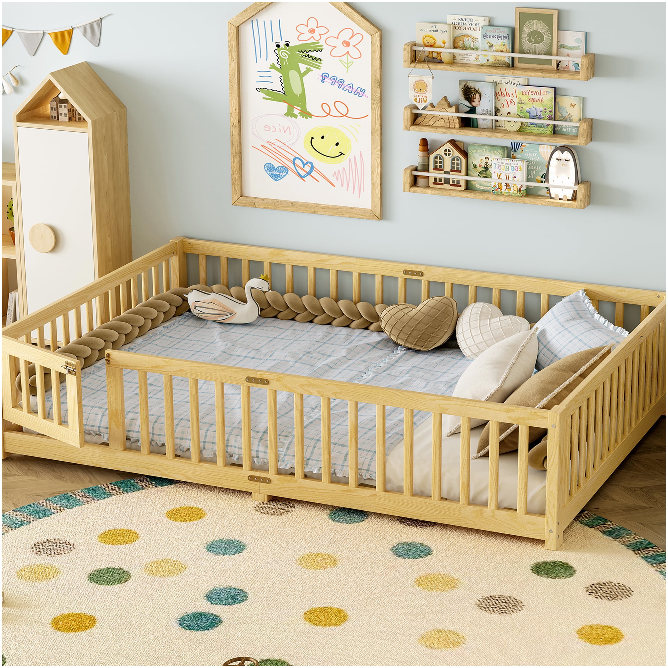 Low Profile Queen Floor Bed with Safety Rails and Play Door for Easy ...