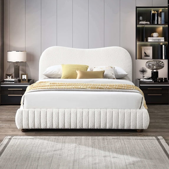 Low Profile Queen Platform Bed In Cream Boucle Upholstery - Stylish ...