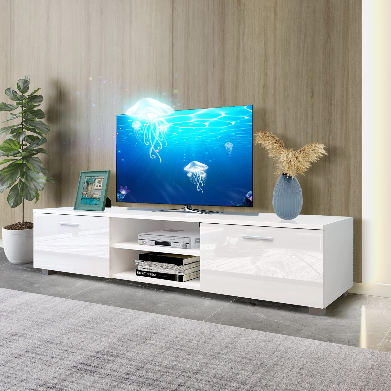 Low Profile TV Stand for TVs Up to 70 Inches, High Gloss TV Cabinet ...
