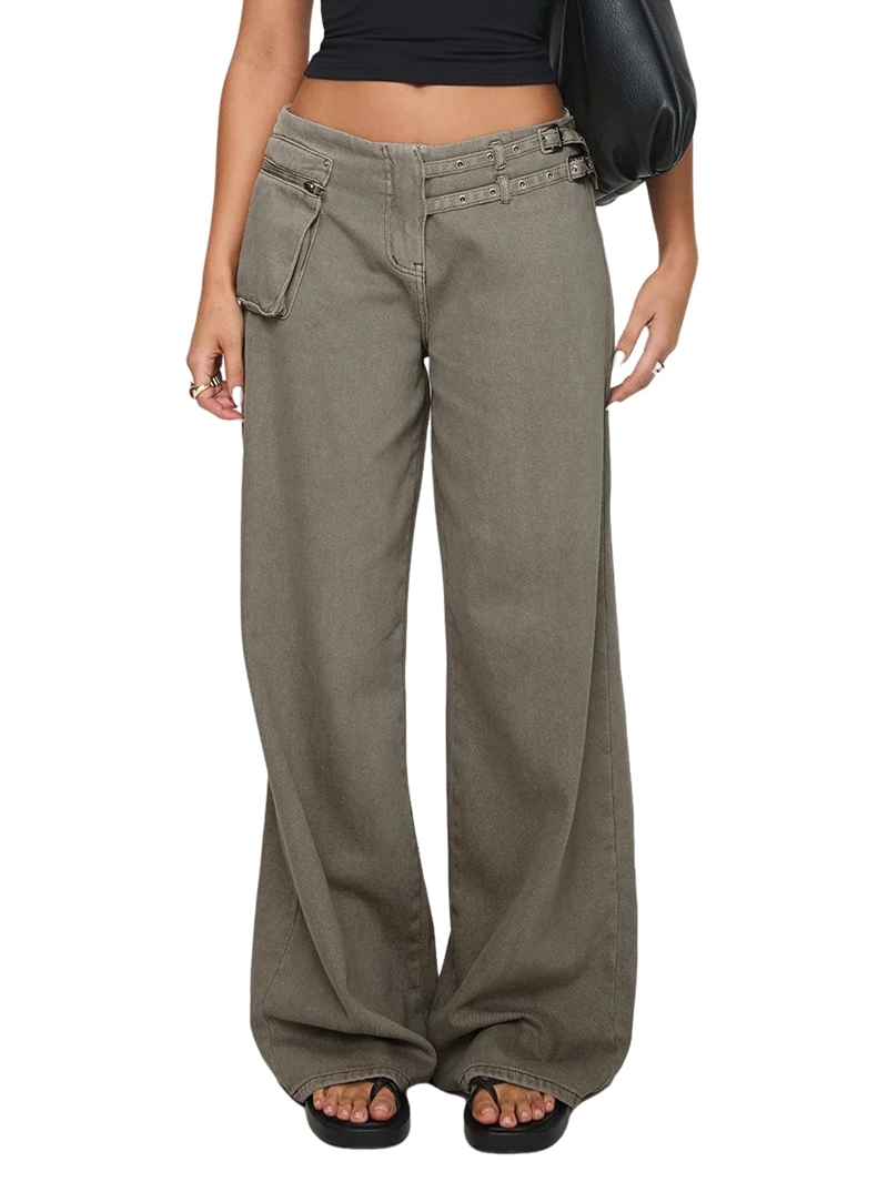 Low Rise Baggy Pants for Women Adjustable Waisted Wide Leg Boyfriend ...