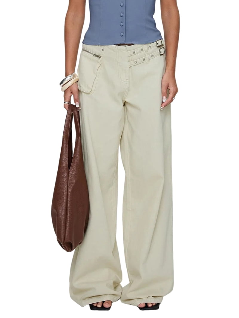 Low Rise Baggy Pants for Women Adjustable Waisted Wide Leg Boyfriend ...