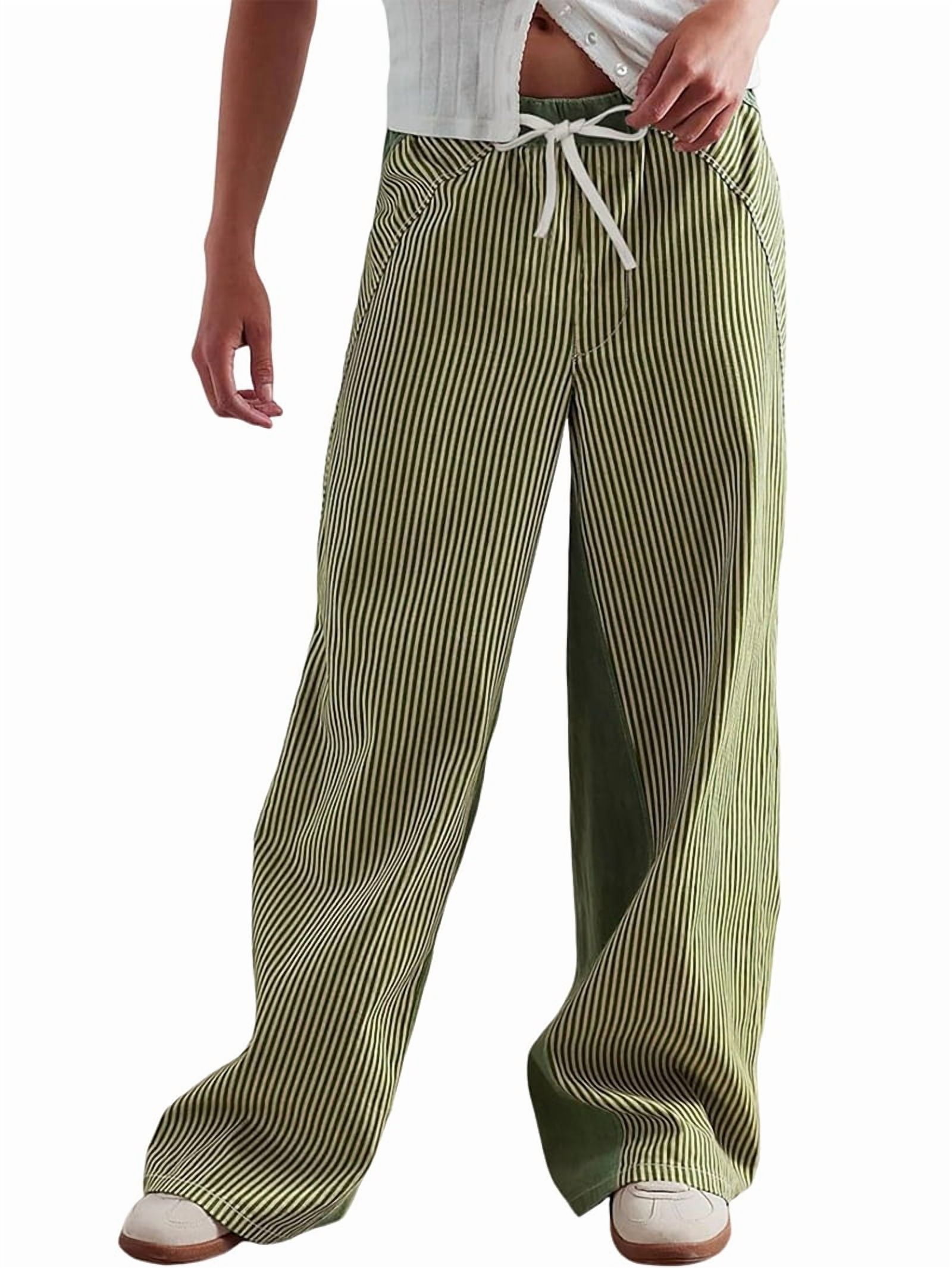 Low Rise Striped Pants for Women Pull on Drawstring Boho Wide Leg Jeans ...