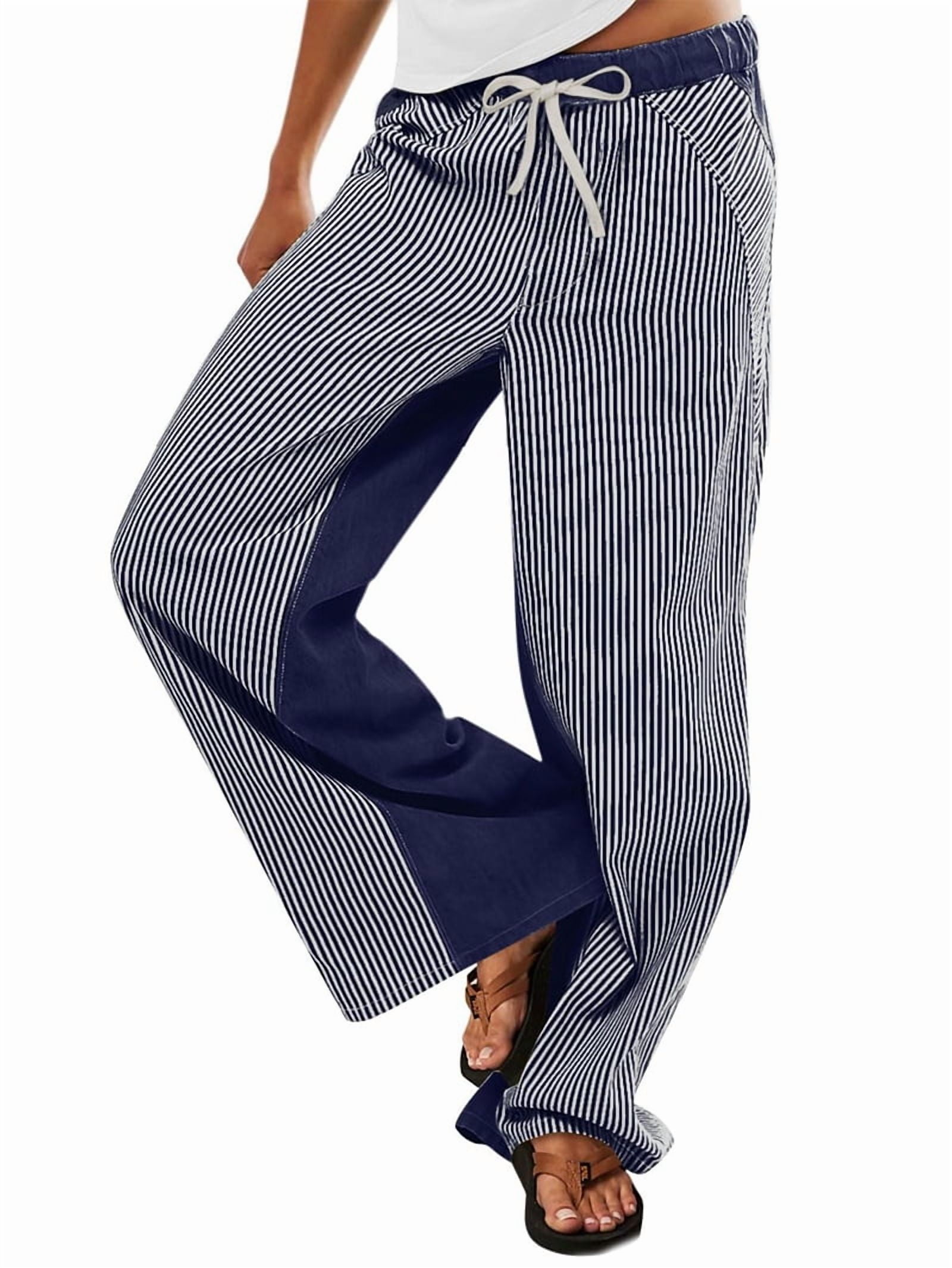Low Rise Striped Pants for Women Pull on Drawstring Boho Wide Leg Jeans ...