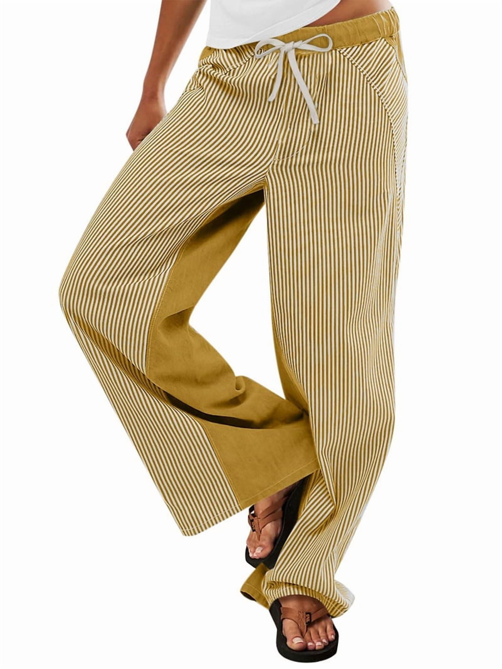 Low Rise Striped Pants for Women Pull on Drawstring Boho Wide Leg Jeans ...