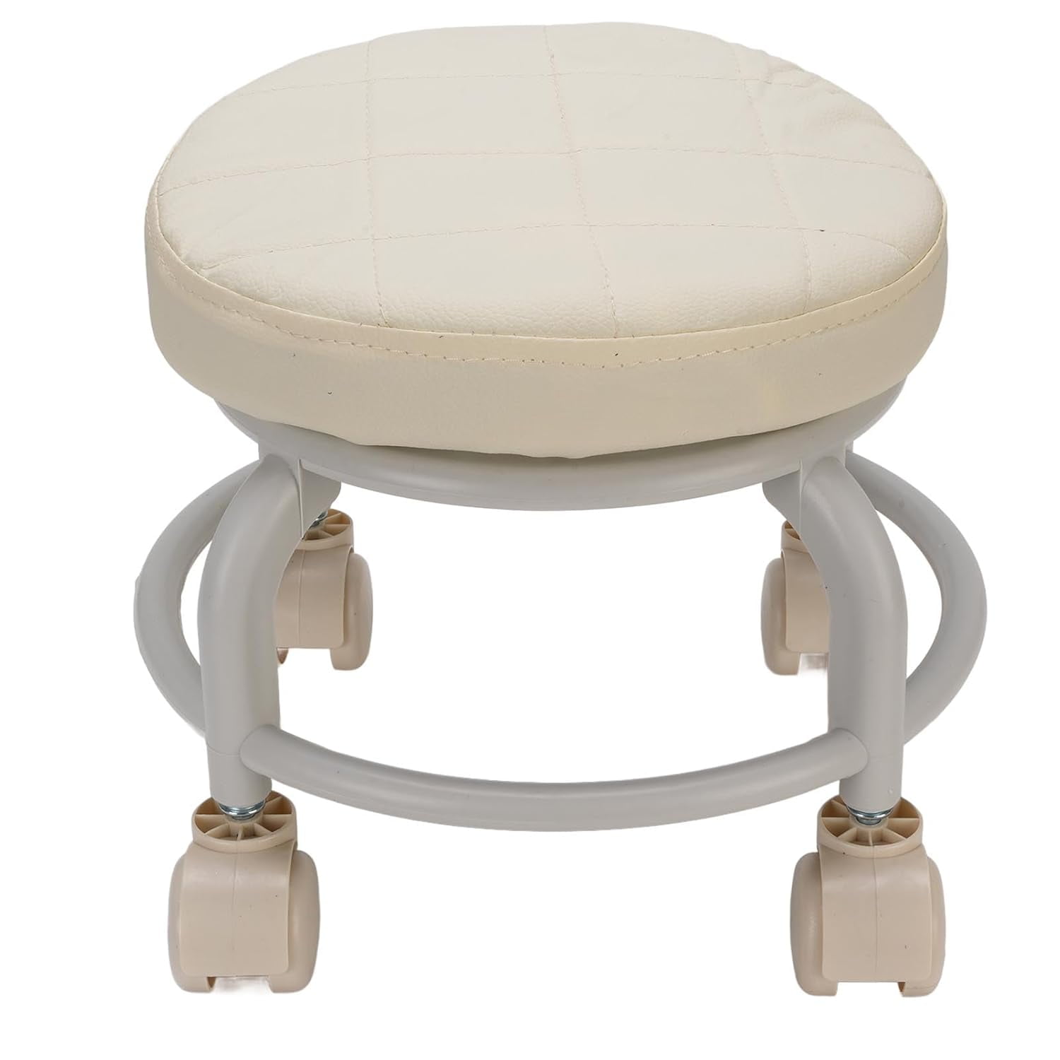 Low Rolling Stool, Beige Round PU Soft Padding 360 Degree Rotating Low ...