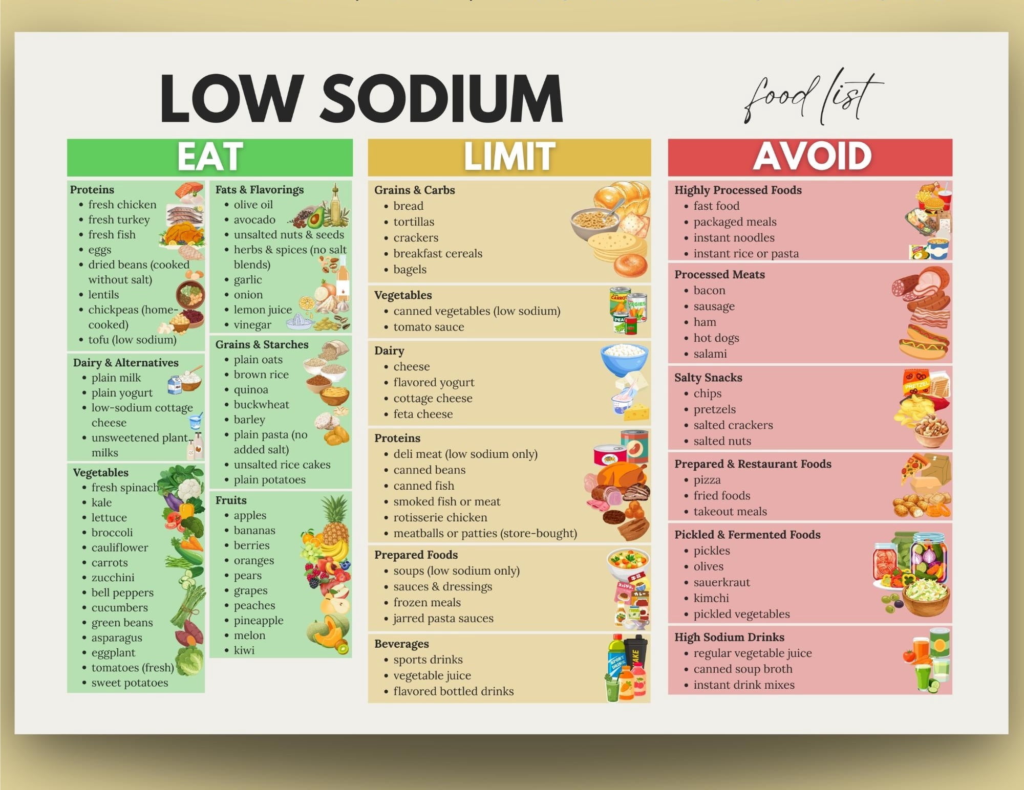 Low Sodium Food List Poster, Low Sodium Food, Low Salt Food Chart ...