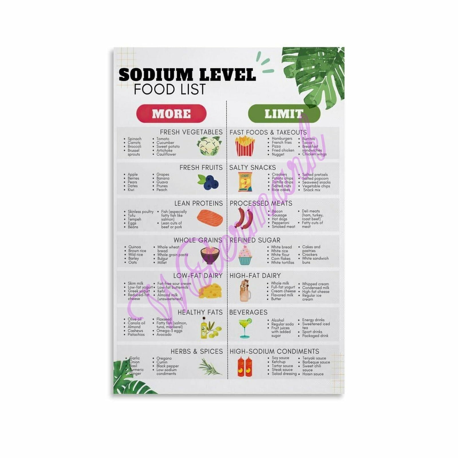 Low Sodium Food List for Low Salt Meal Plan Poster Canvas Painting Wall ...