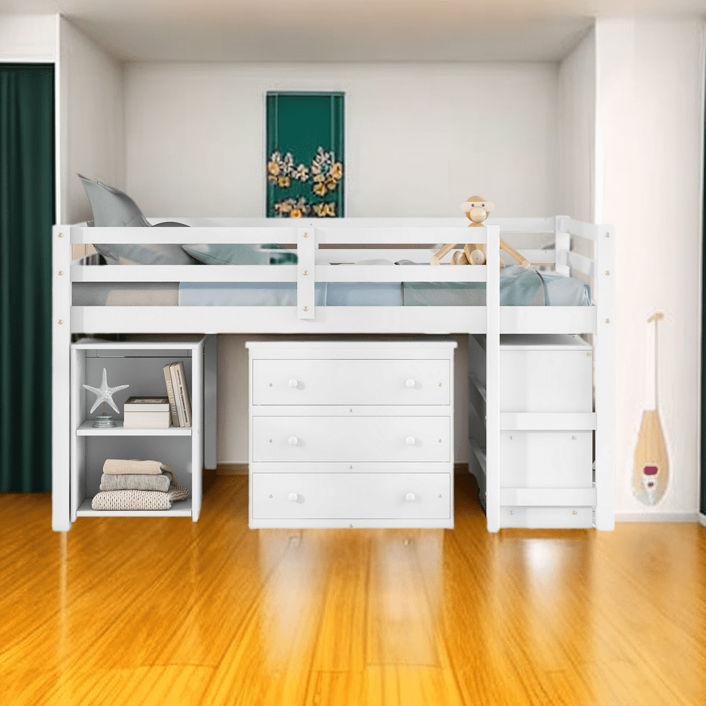 Low Study Full Loft Bed with Cabinet,Shelves and Rolling Portable Desk,Multiple Functions Bed ...