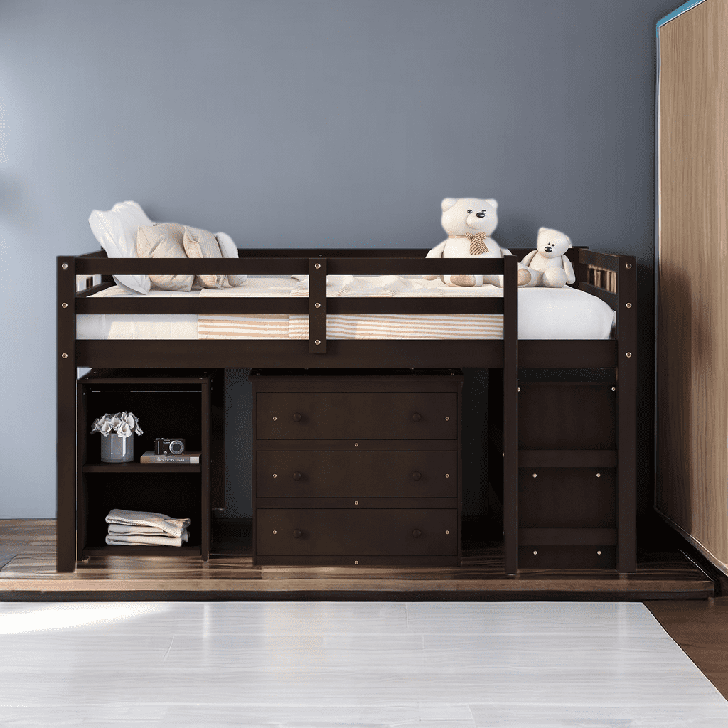 Low Study Full Loft Bed with Cabinet,Shelves and Rolling Portable Desk,Multiple Functions Bed ...