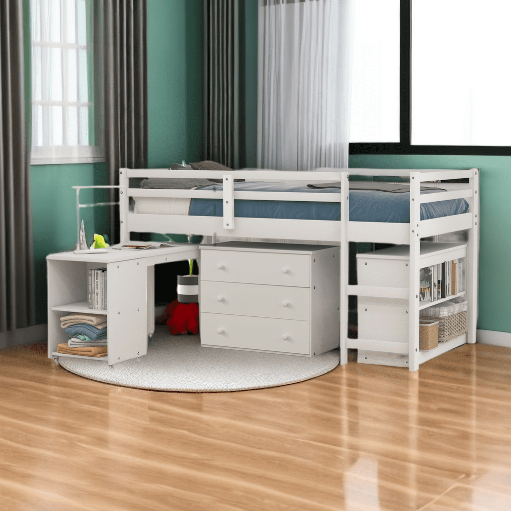 Low Study Twin Loft Bed with Cabinet/Storage Drawers/Rolling Portable Desk and Bookcase ...