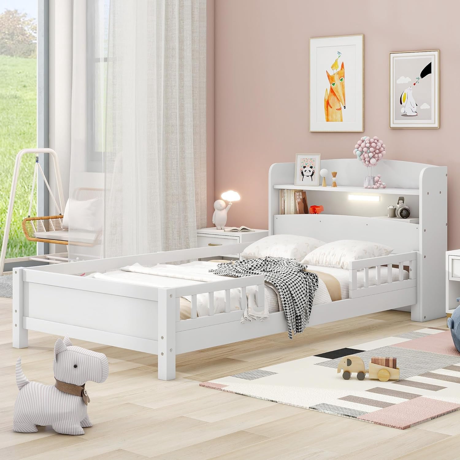 Low Twin Bed Frame for Kids, Wood Platform Bed with 2 Tier Headboard ...